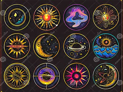 A Set of Nine Different Space Symbols Stock Photo - Image of planet ...