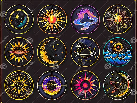 A Set of Nine Different Space Symbols Stock Photo - Image of planet ...
