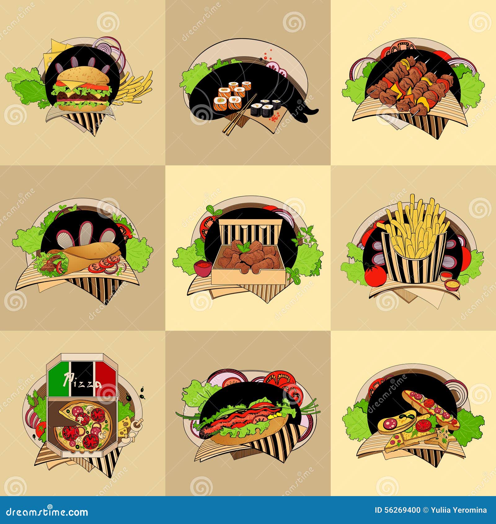 Set of Nine Fast-food Illustrations Stock Vector - Illustration of ...
