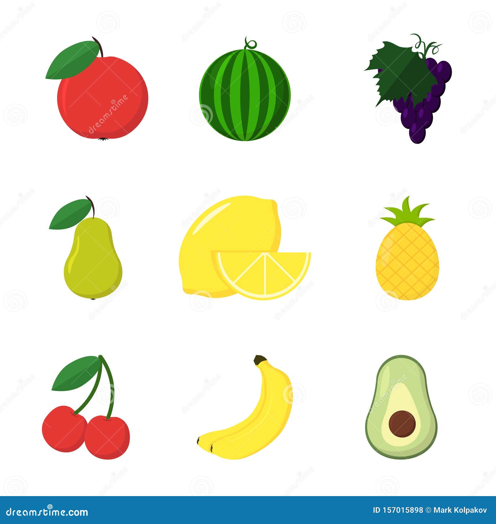 Set of Nine Fruits in Flat Style Stock Illustration - Illustration of ...