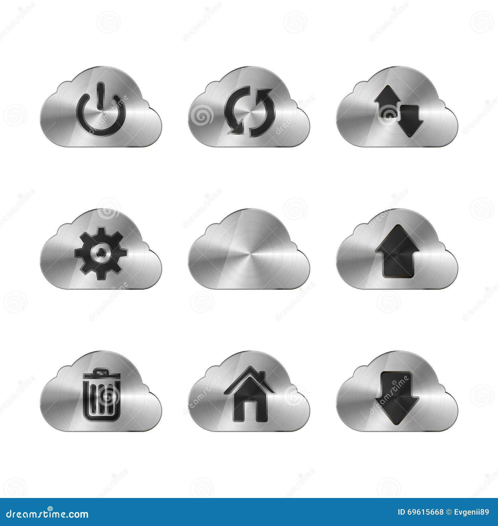 Set of Nine Metal Cloud Icons with Different Interface Signs, on White ...