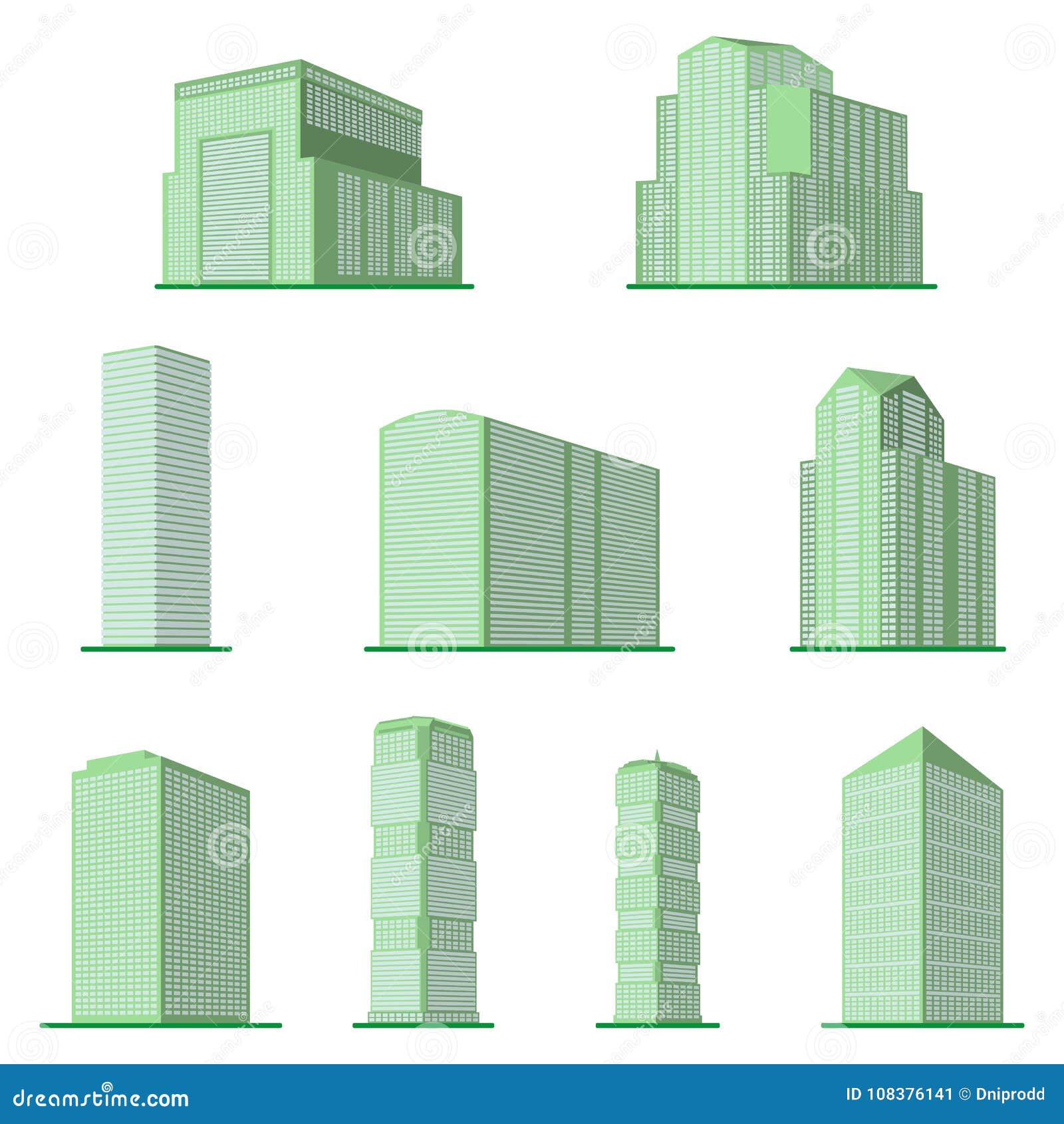 Set of Nine Modern High-rise Building on a White Background. Stock ...