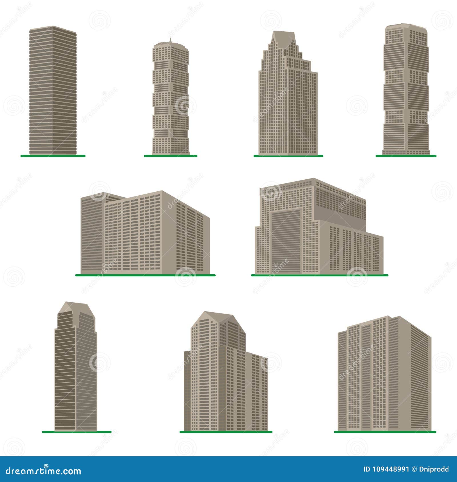 Set of Nine Modern High-rise Building on a White Background. Stock ...