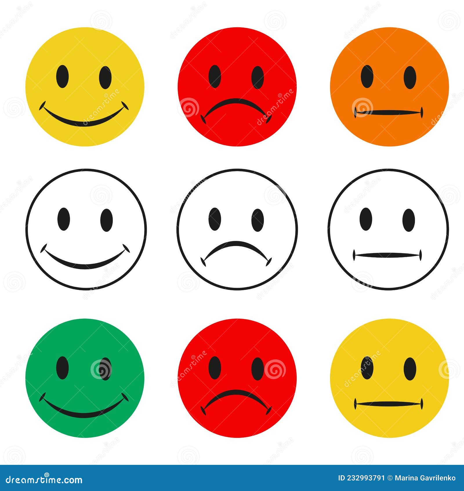 Set of Nine Multi-colored Smiley Face, Score, Mood, Flat Vector ...