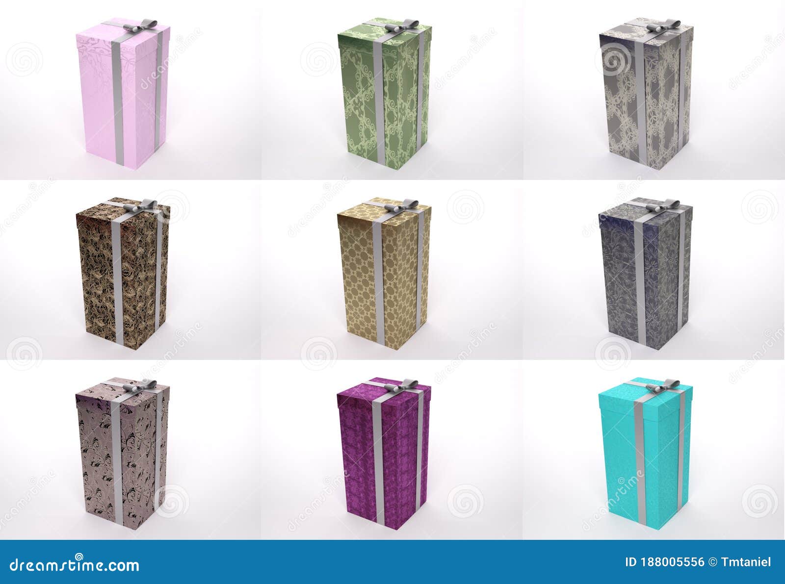 3D Render : a Set of Nine Present Boxes with the Different Wrap Texture ...