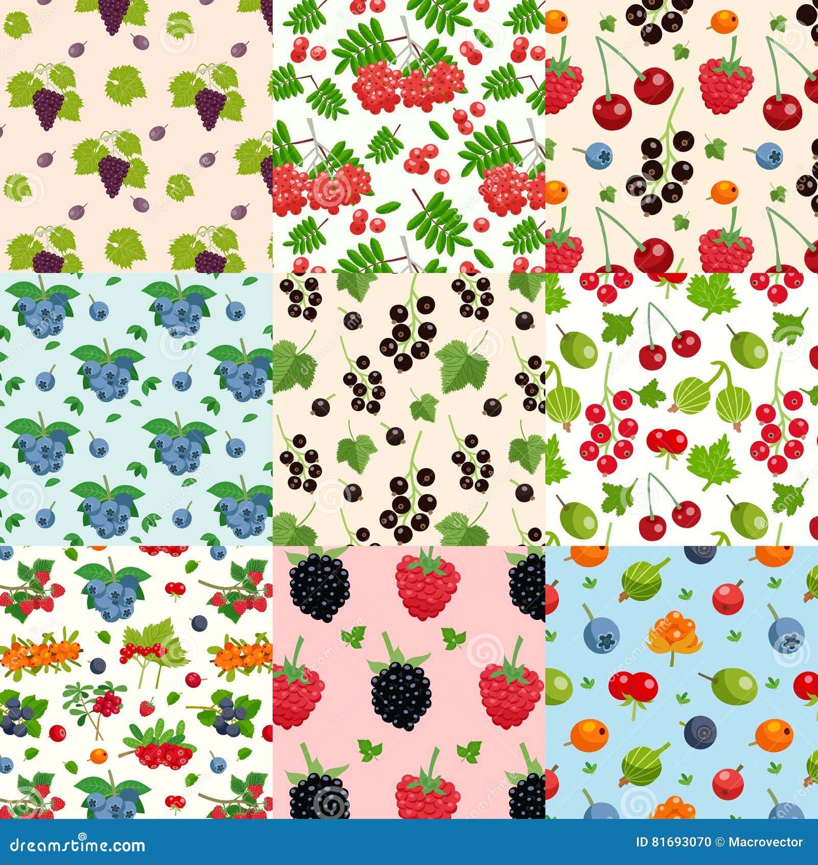 Set of Nine Seamless Berries Patterns Stock Vector - Illustration of ...