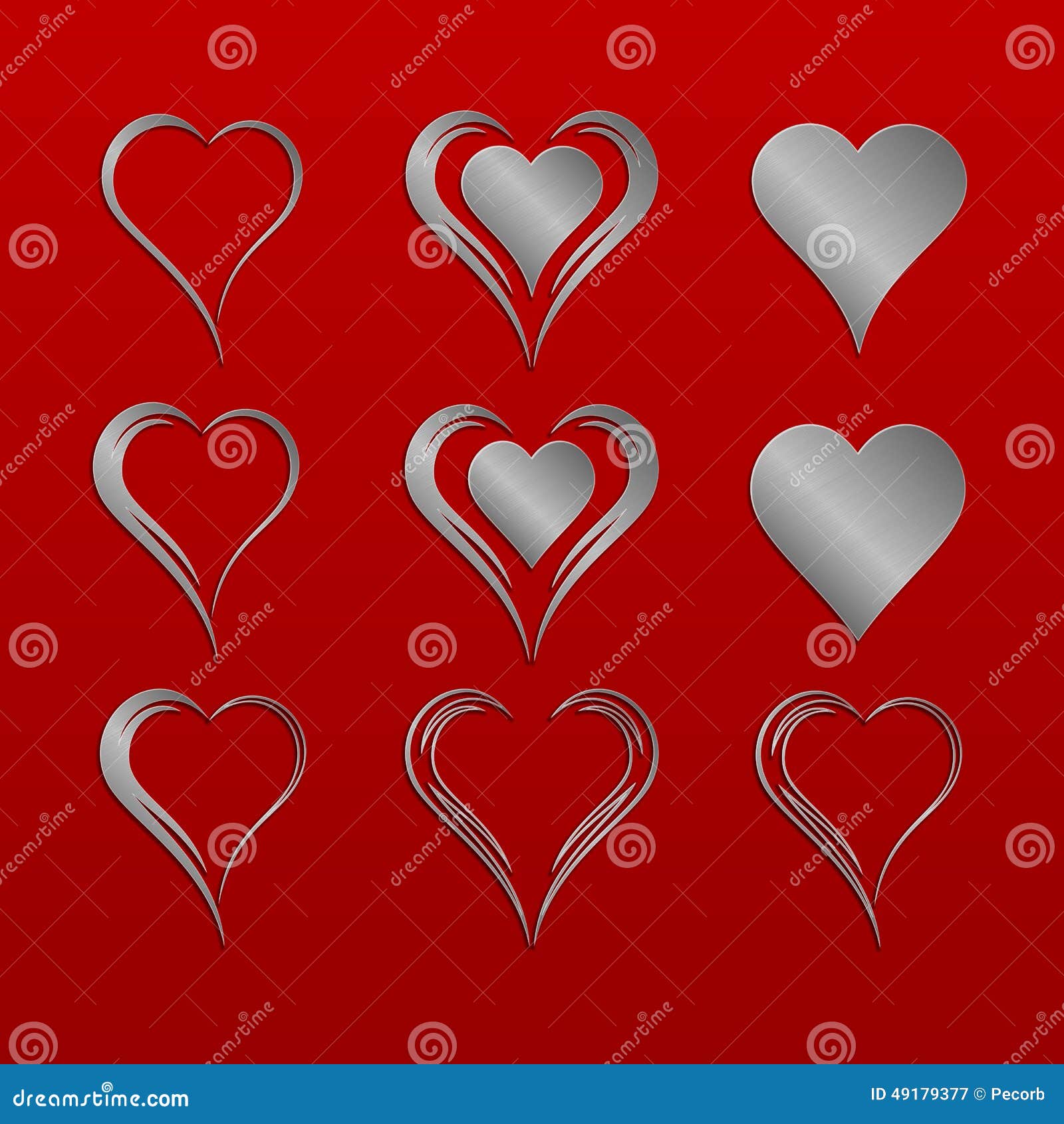 Set of Nine Simple Isolated Vector Hearts with Silver Metallic Pattern ...