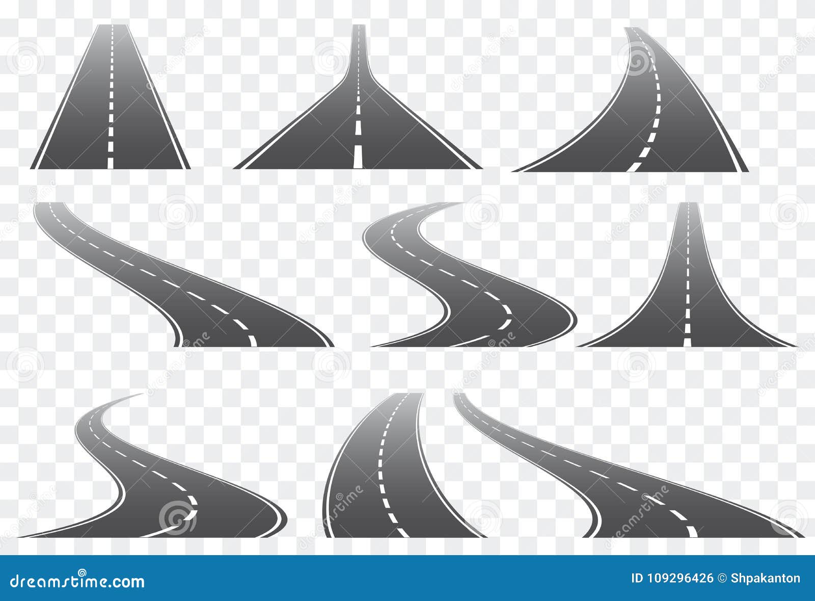 Set of Nine Vector Roads Wit White Marks Isolated on Transparent Stock ...