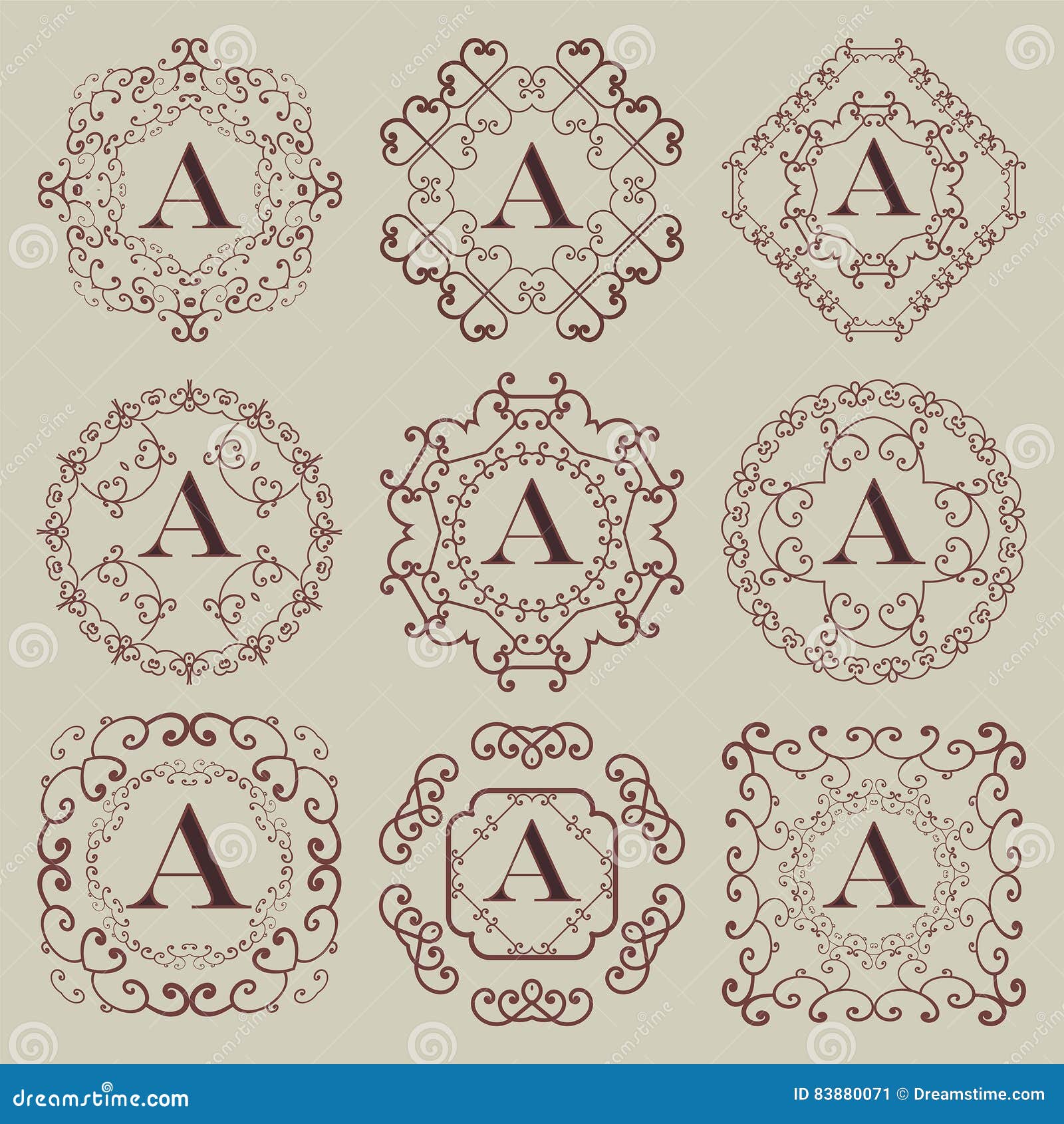 Set of Nine Vintage Monograms. Stock Vector - Illustration of classic ...