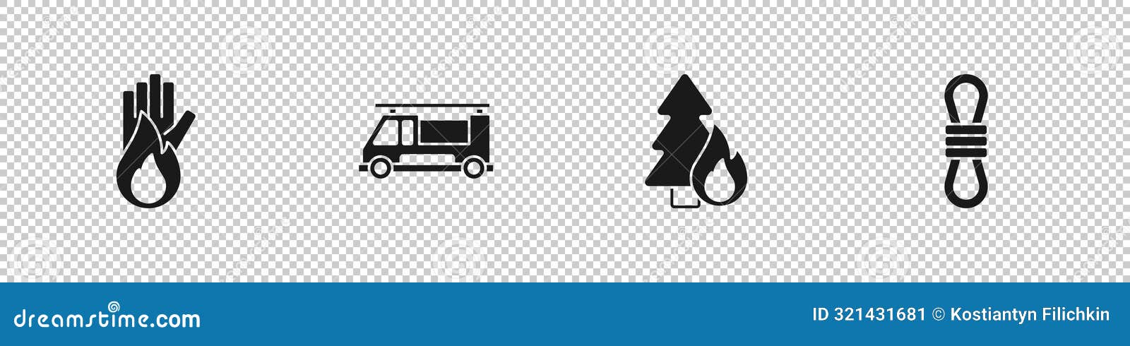 Set No Fire, Fire Truck, Burning Forest Tree and Climber Rope Icon ...