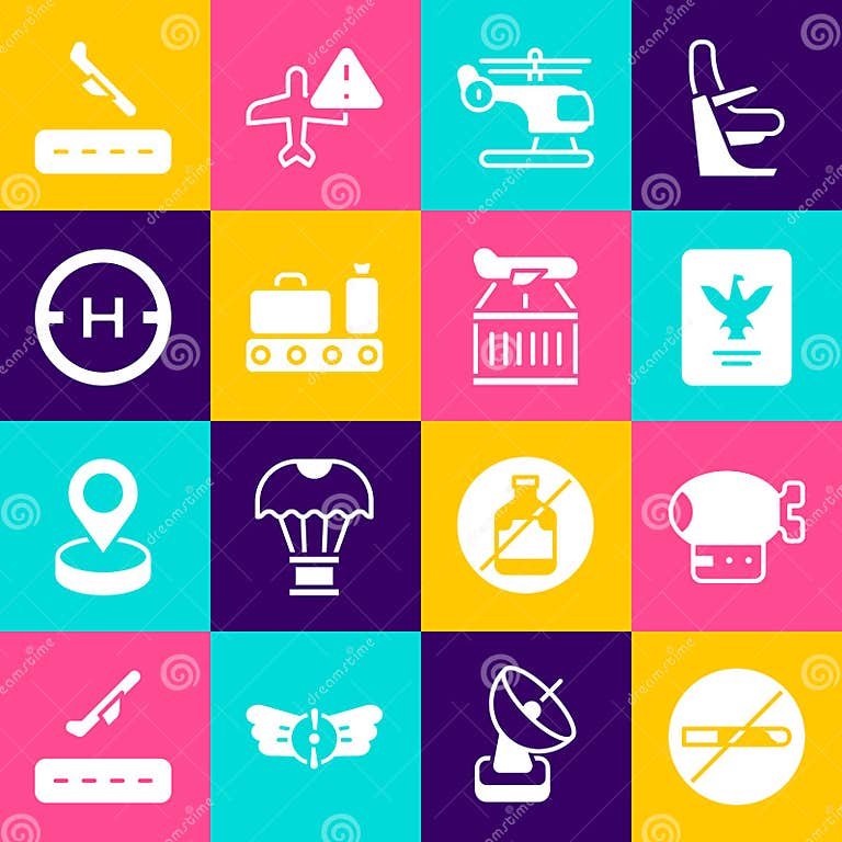 Set No Smoking, Airship, Passport, Helicopter, Conveyor Belt with ... Set No Smoking, Airship, Passport, Helicopter, Conveyor Belt with ...