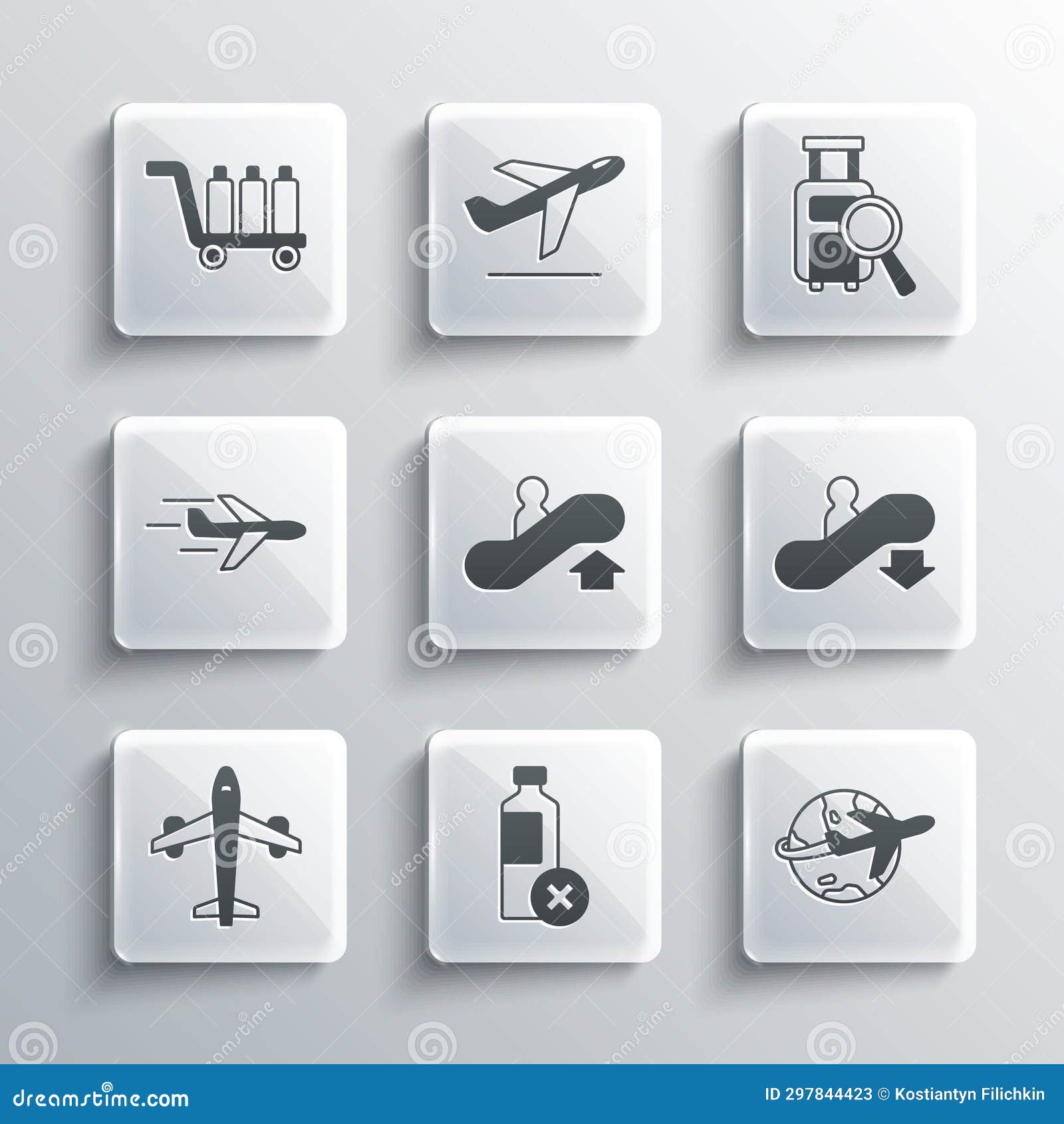 Set Escalator Up, Trolley Baggage, Plane Takeoff, Paper Airplane ...