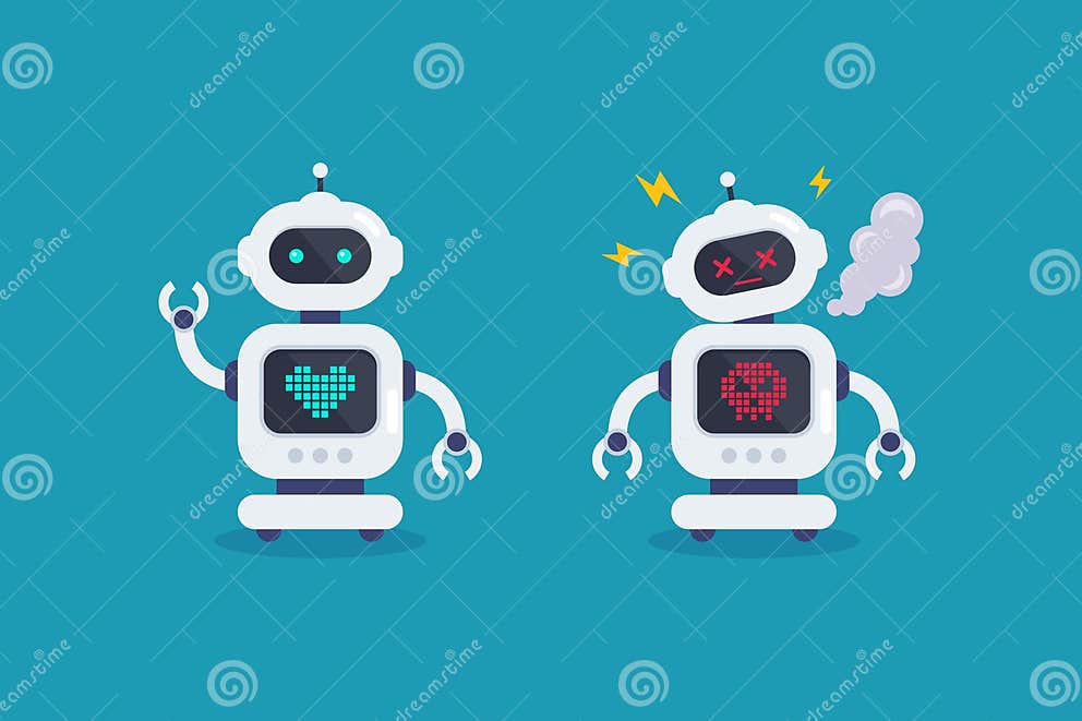 Set Of Normal Robot And Broken Error Robot With Spark Stock Vector