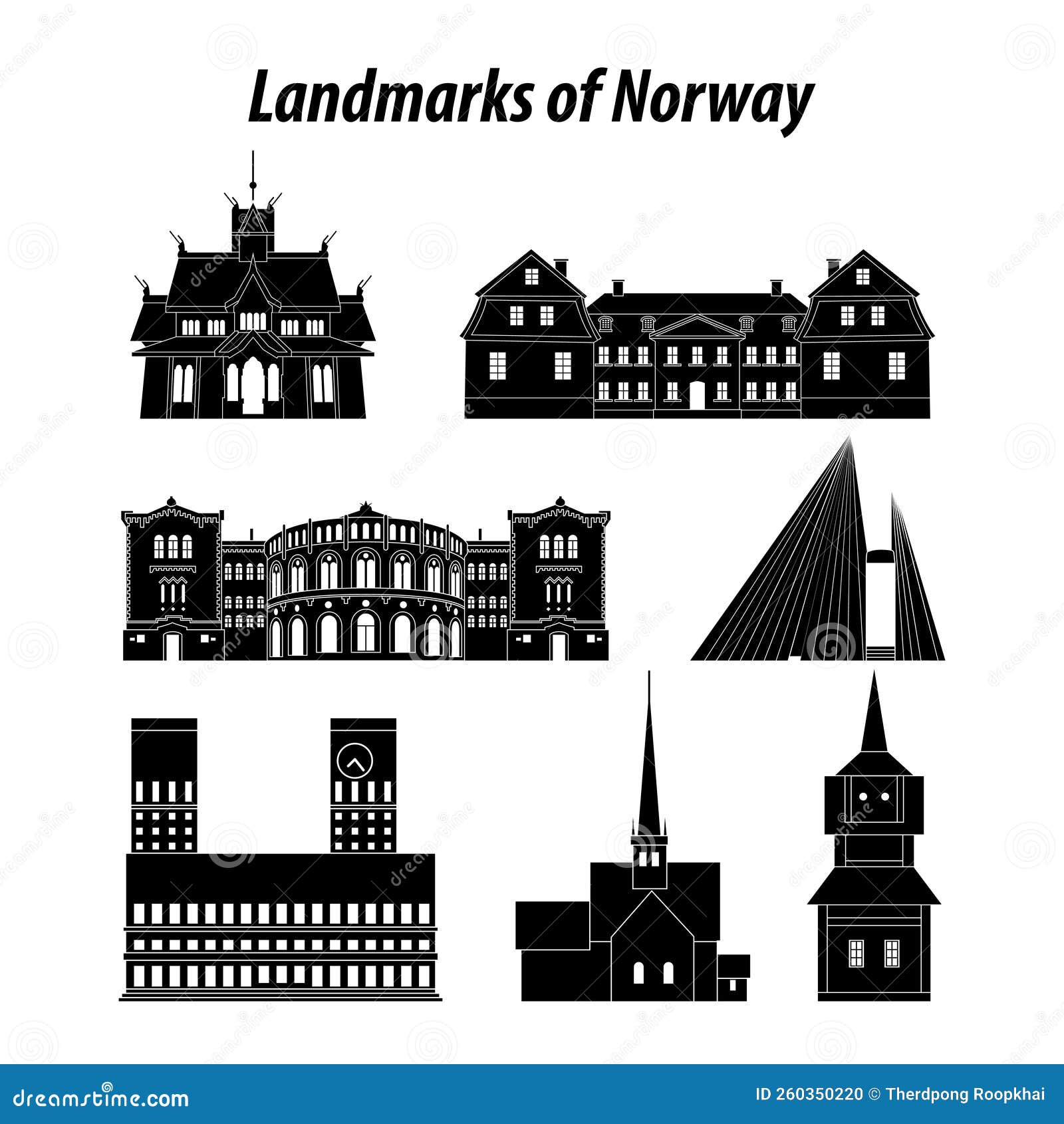 Set of Norway Famous Landmarks by Silhouette Style Stock Vector ...