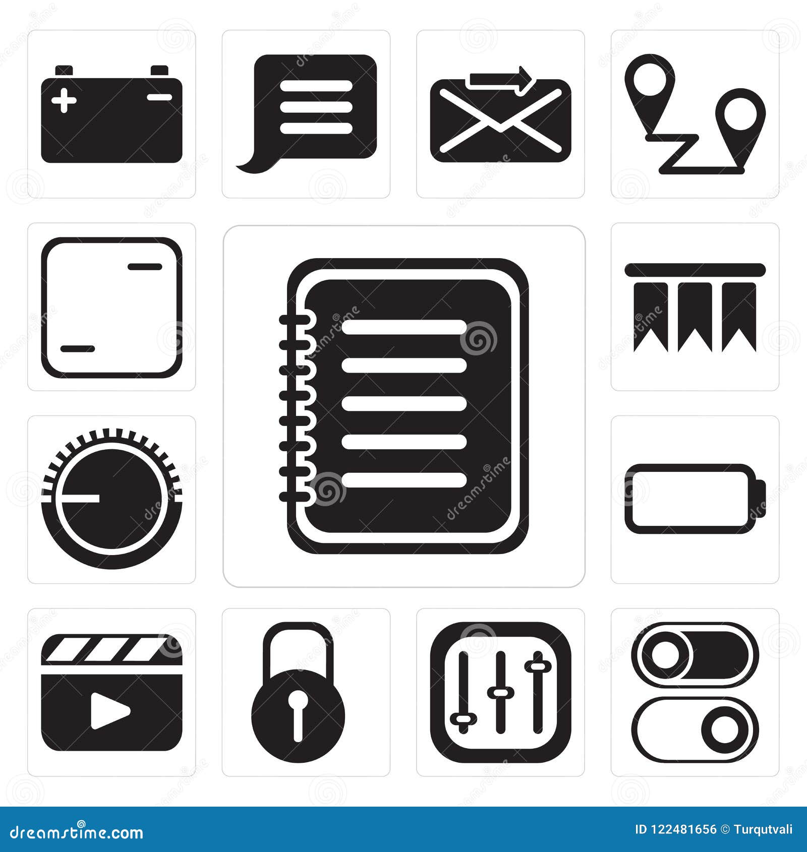 Set Of Battery, Volume Control, Flag, Worldwide, Smartphone, Pause ...