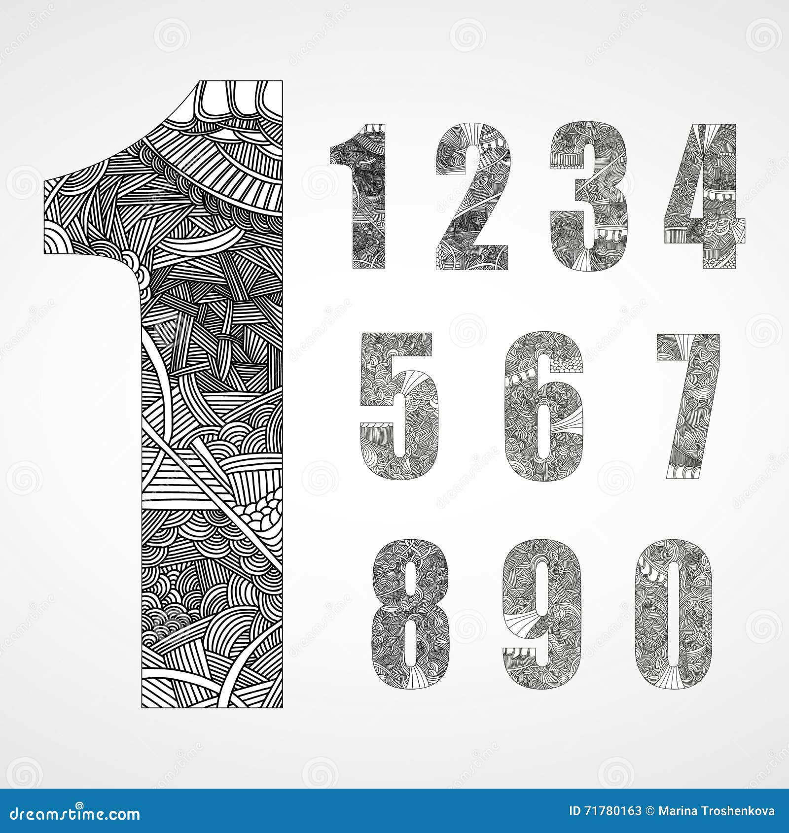 Set of Number with Hand Drawn Abstract Doodle Pattern. Stock Vector ...