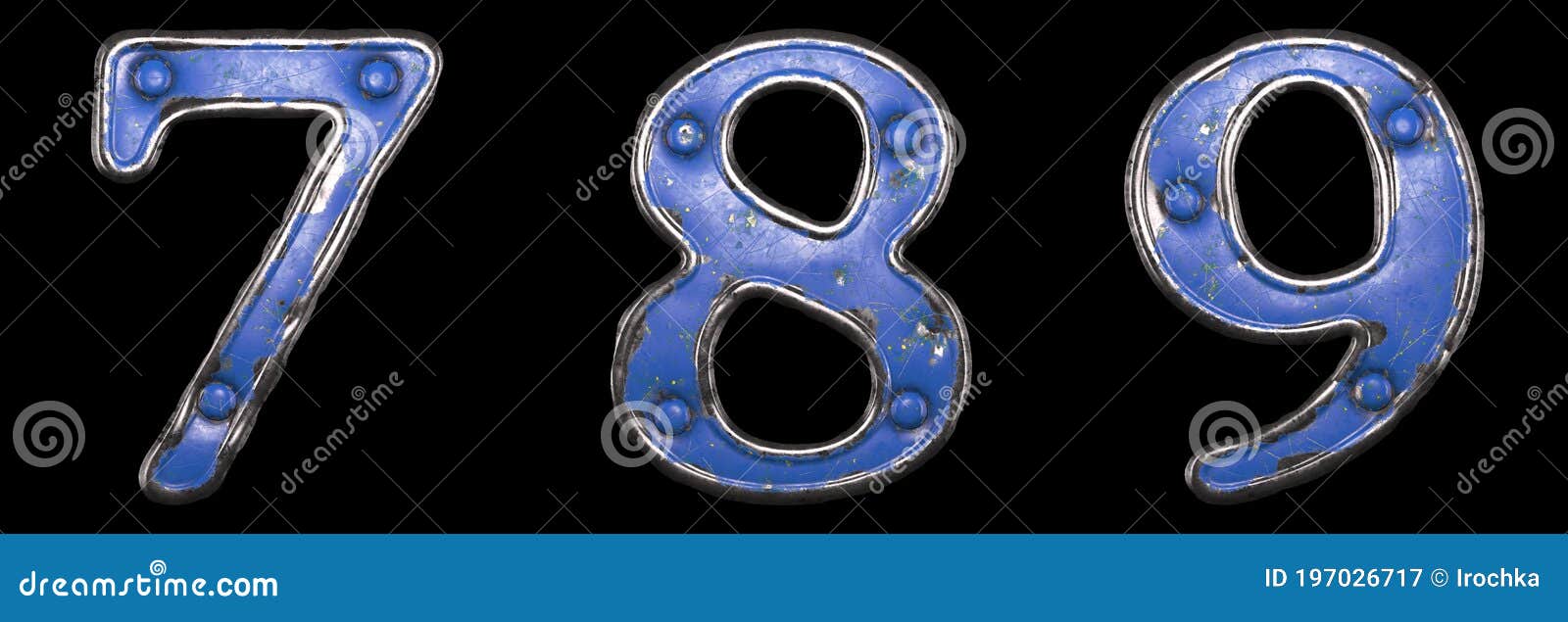Set of Numbers 7, 8, 9 Made of Painted Metal with Blue Rivets on Black ...