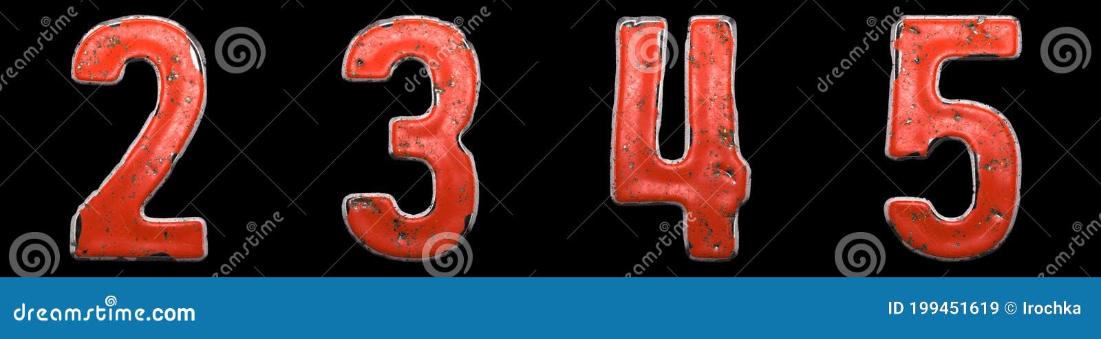 Set of Numbers 2, 3, 4, 5 Made of Red Painted Metal Isolated on Black ...