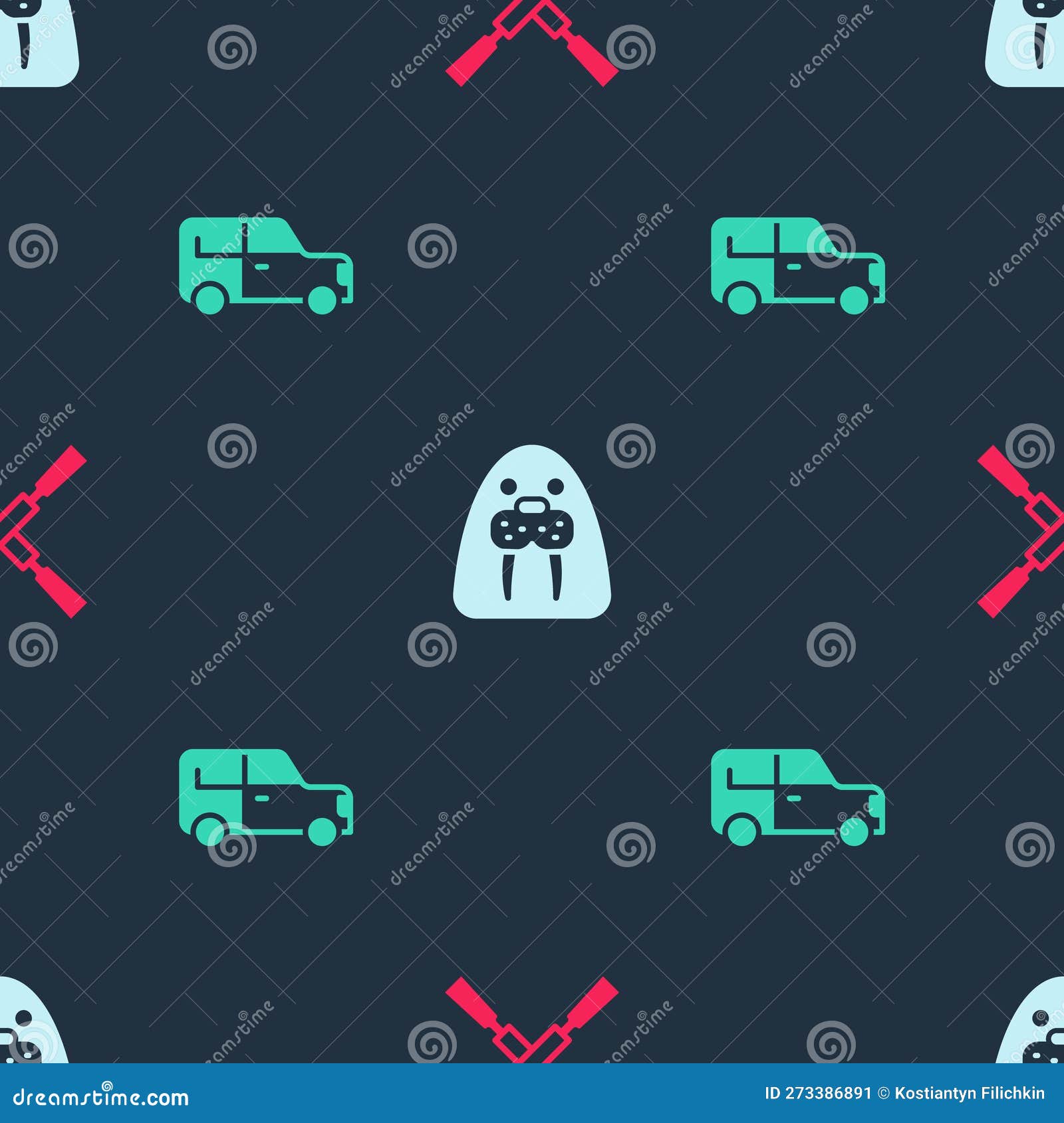 Set Oars or Paddles Boat, Walrus Animal and Car on Seamless Pattern ...