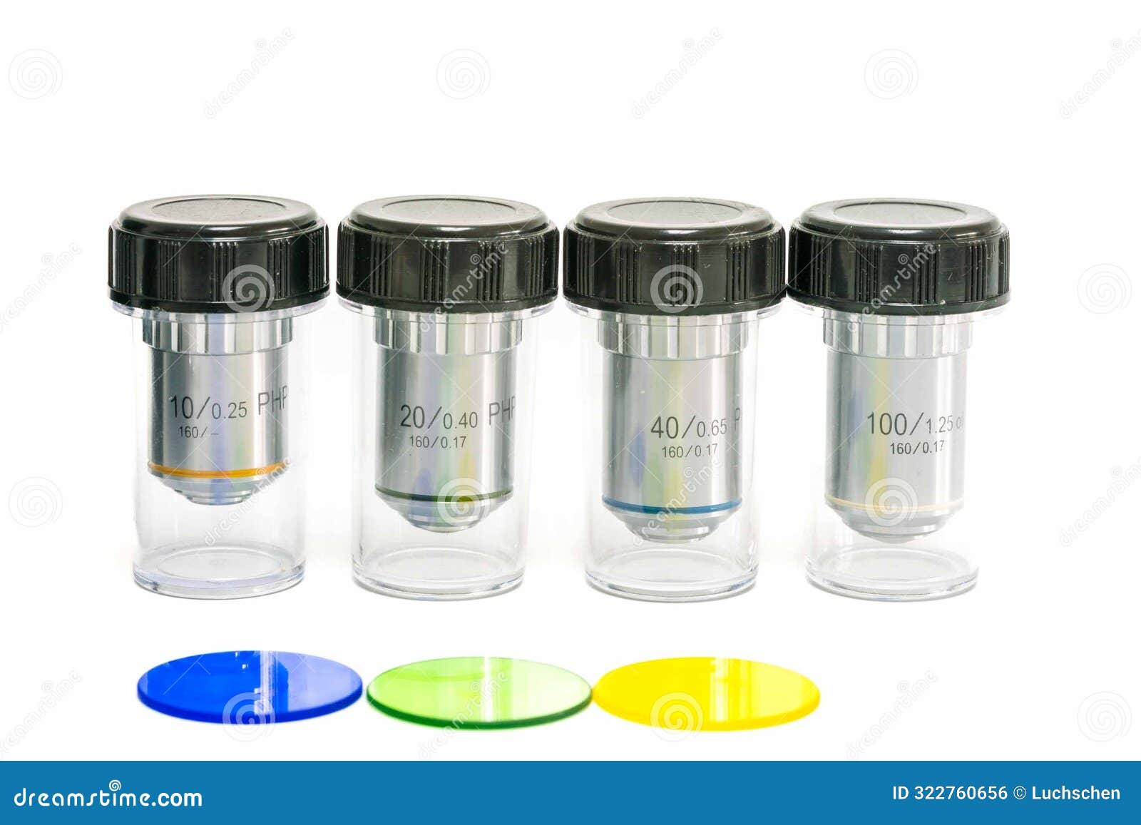 Set of Objectives, Lenses and Filters for Optical Microscopes Stock ...