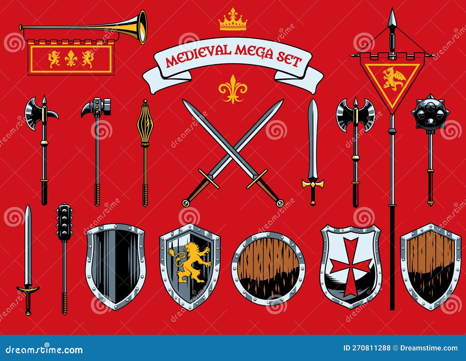Set Objects of Medieval Knights Era Stock Vector - Illustration of ...