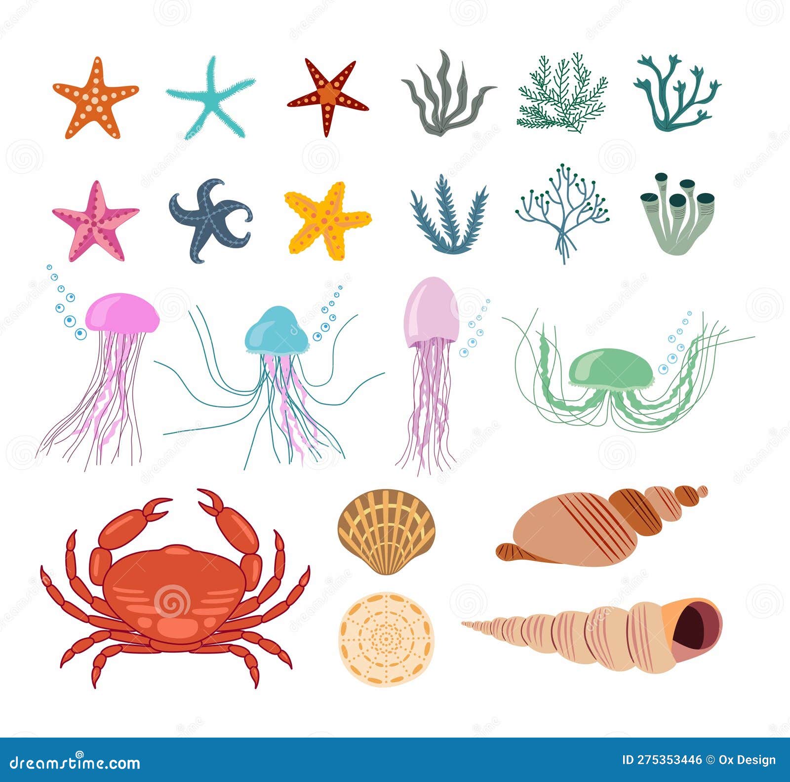 Set with Ocean Creatures. Vector Isolated Illustrations on a White ...
