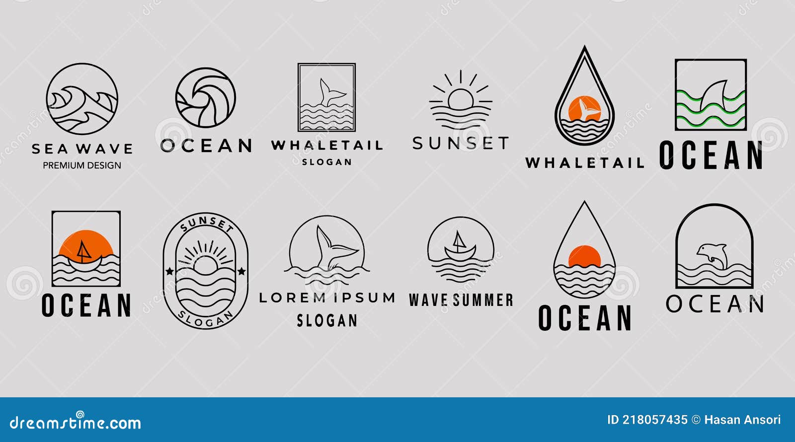 Set of Ocean or Wave Line Art Minimalist Simple Vector Logo Icon ...