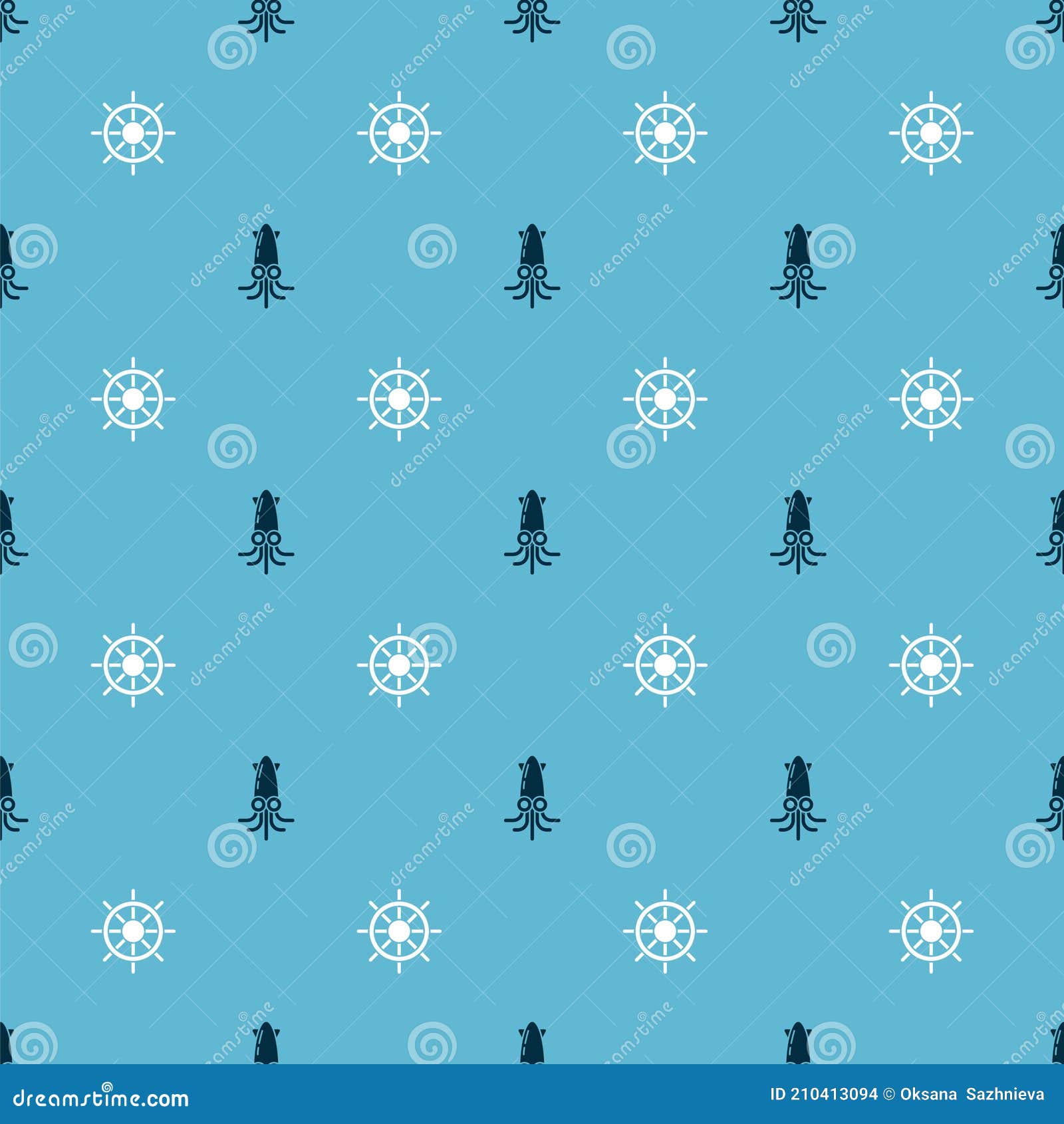 Set Octopus and Ship Steering Wheel on Seamless Pattern. Vector Stock ...