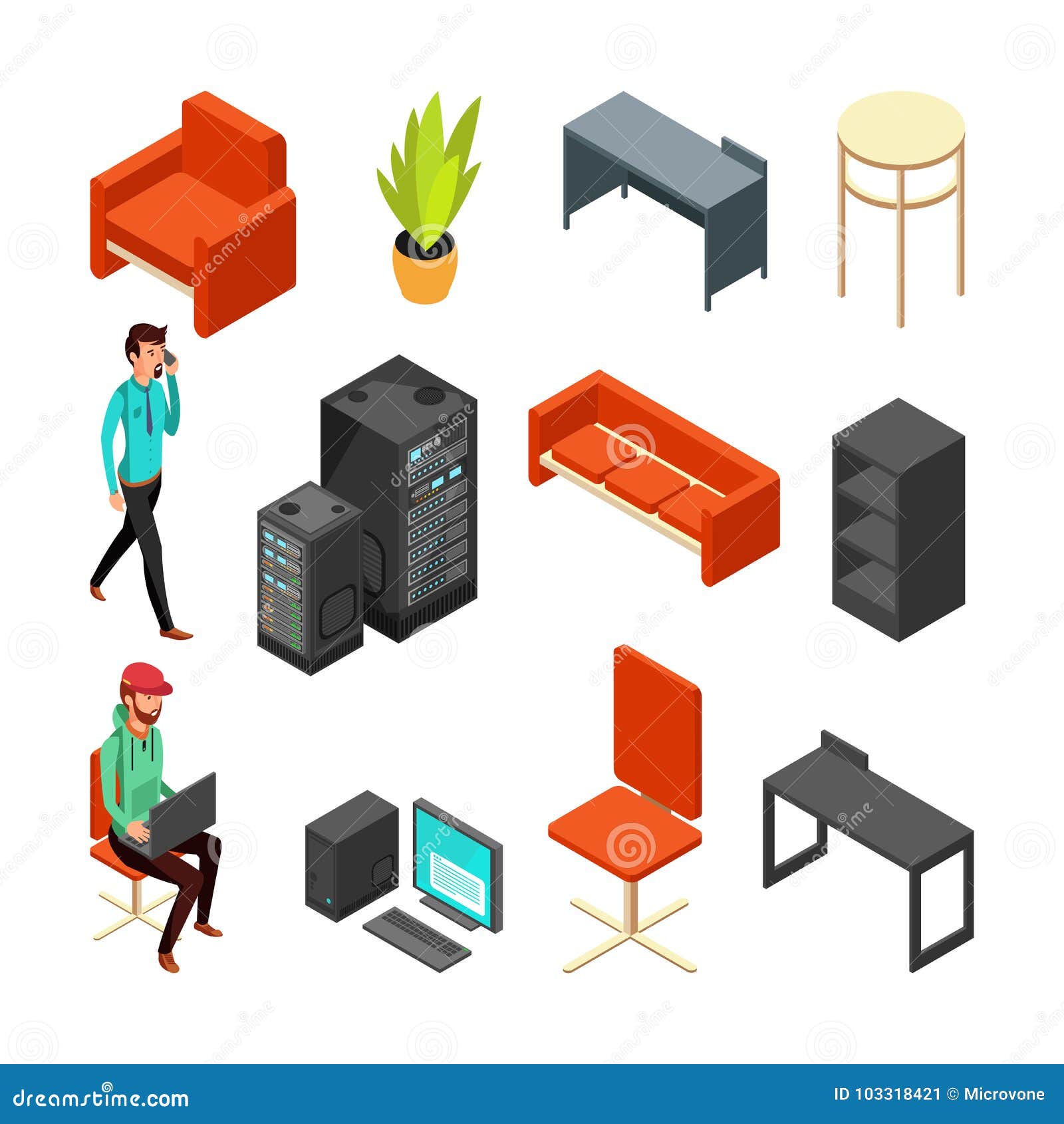 Set of Office Isometric Icons. Computers, Server, Plant and Technical ...