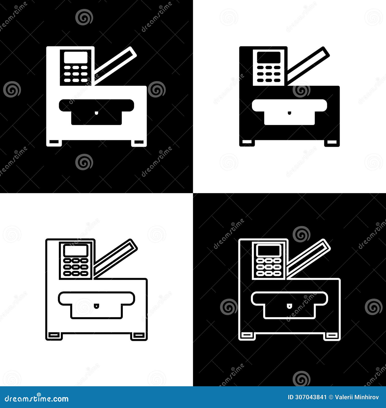 Set Office Multifunction Printer Copy Machine Icon Isolated on Black ...