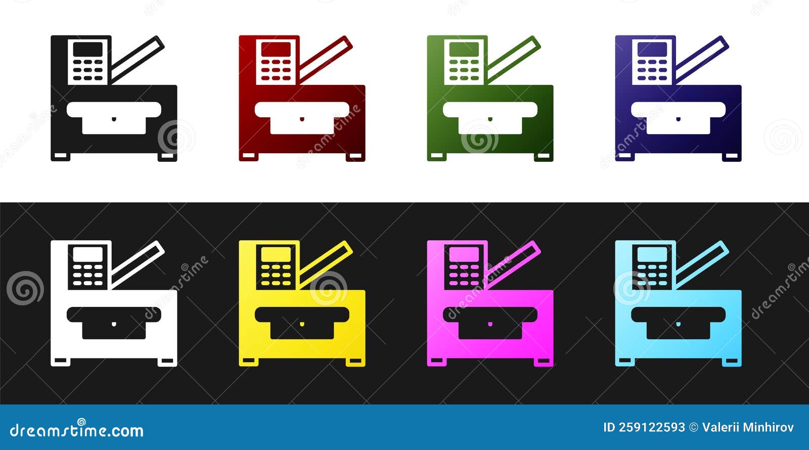 Set Office Multifunction Printer Copy Machine Icon Isolated on Black ...