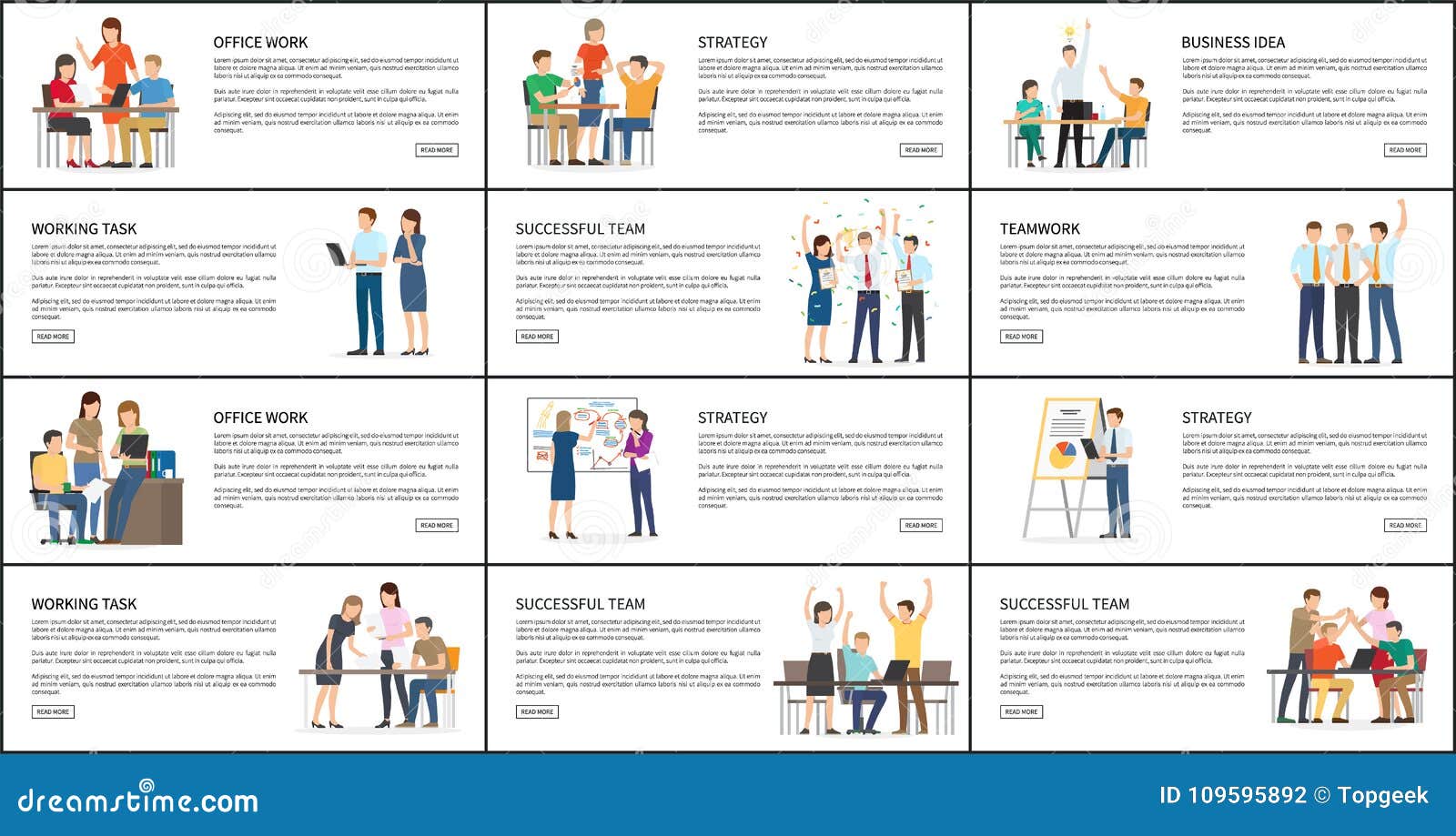 Set of Office Work Strategy Teamwork Bright Cards Stock Vector ...