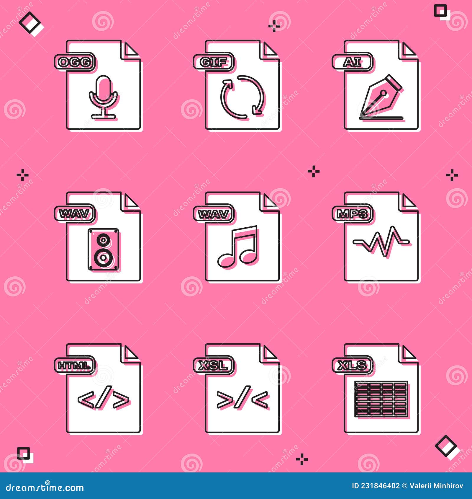 Set OGG File Document, GIF, AI, WAV, MP3, HTML and XSL Icon. Vector ... Set OGG File Document, GIF, AI, WAV, MP3, HTML and XSL Icon. Vector ...