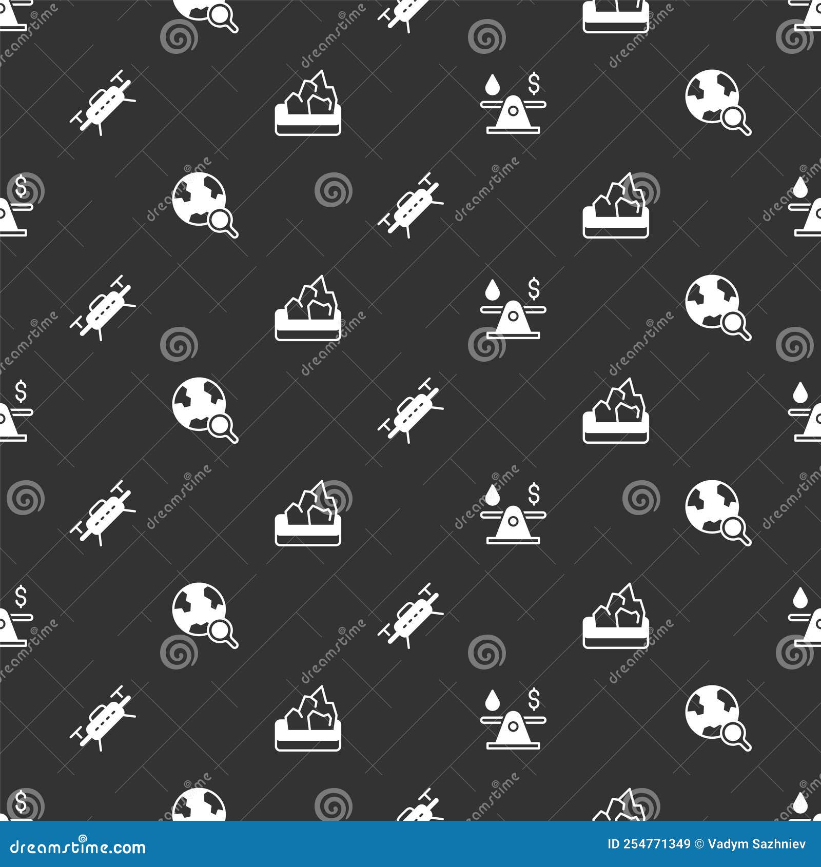 Set Oil Money, Magnifying Glass with Globe, Drone and Ore Mining on ...