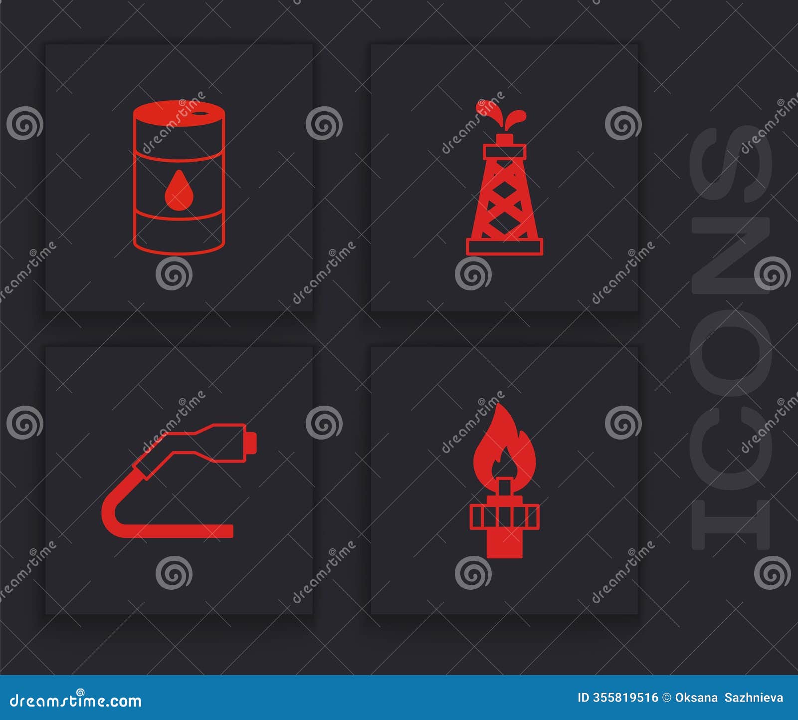 Set Oil Rig with Fire, Barrel Oil, and Electrical Cable Plug Charging ...