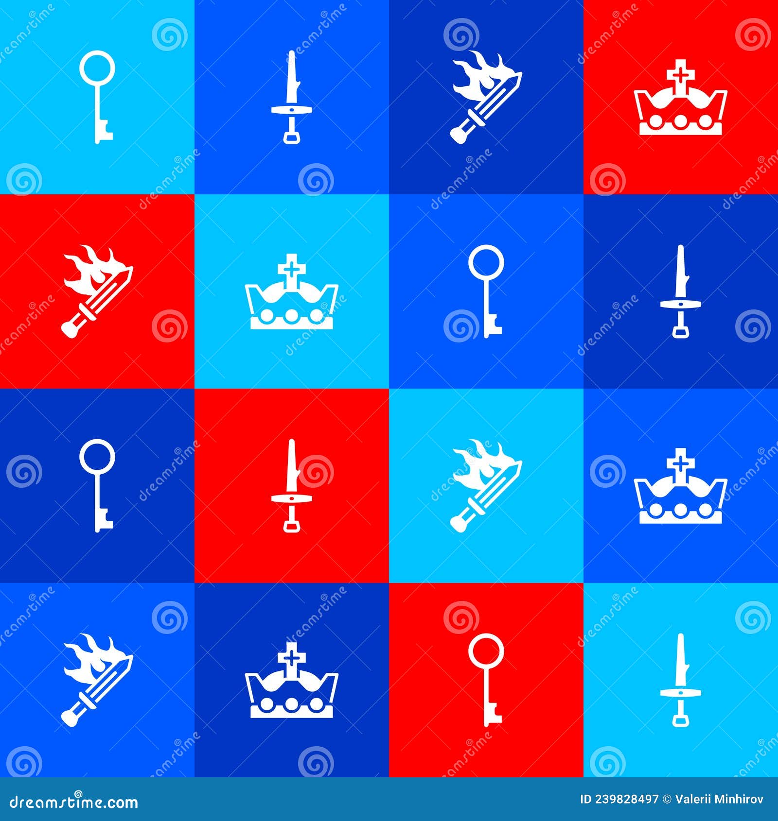 Set Old Key, Dagger, Sword for Game and King Crown Icon. Vector Stock ...