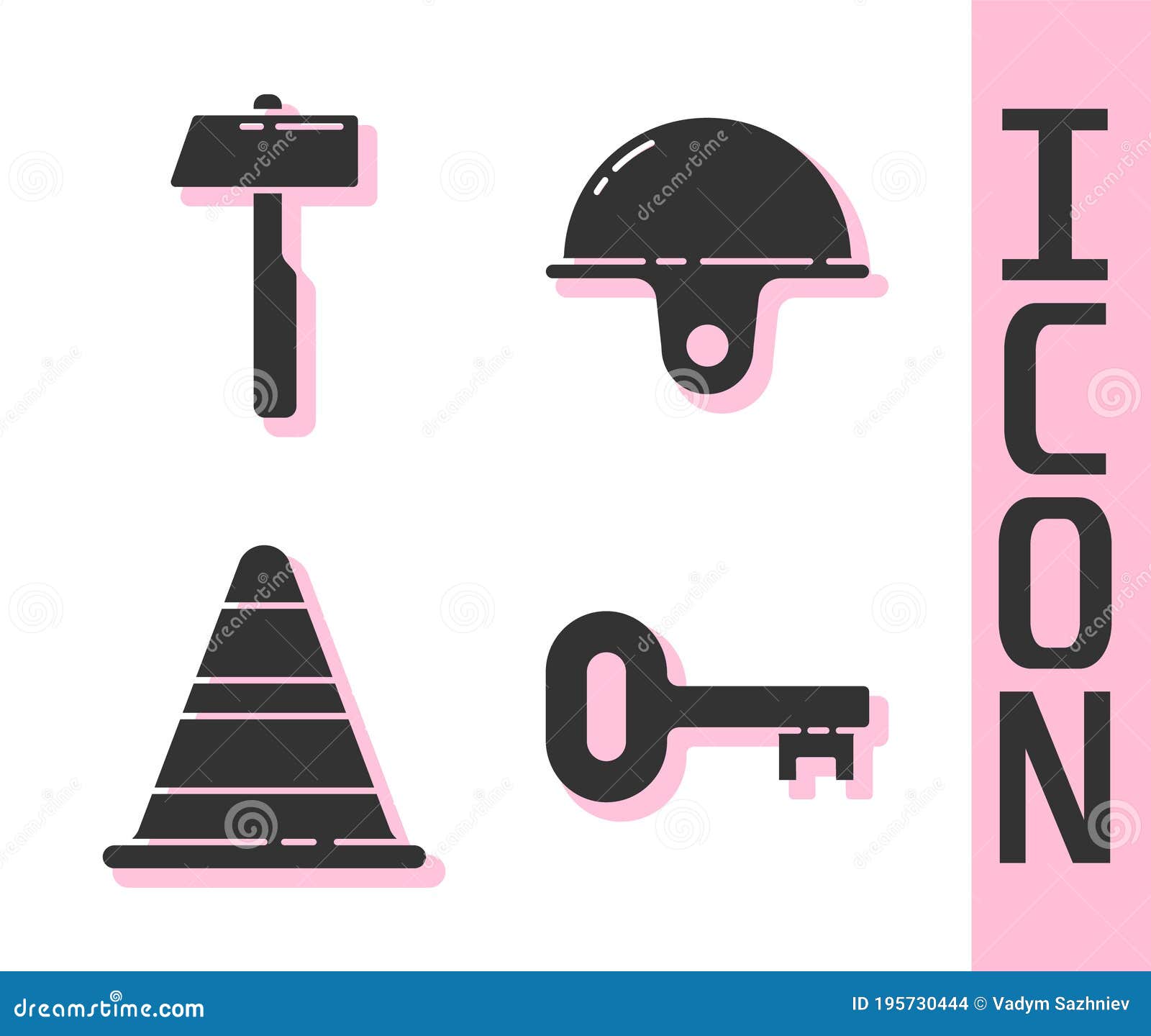 Set Old Key, Hammer, Traffic Cone and Worker Safety Helmet Icon. Vector ...