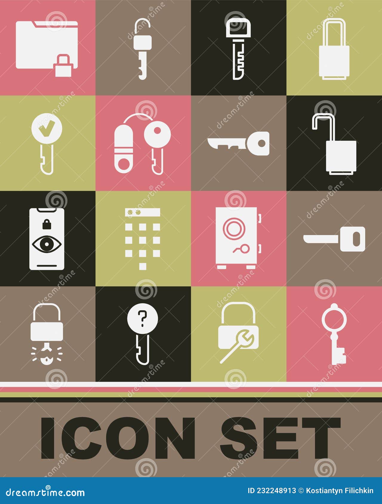 Set Old Key, Key, Open Padlock, House with, Folder and and Icon. Vector ...