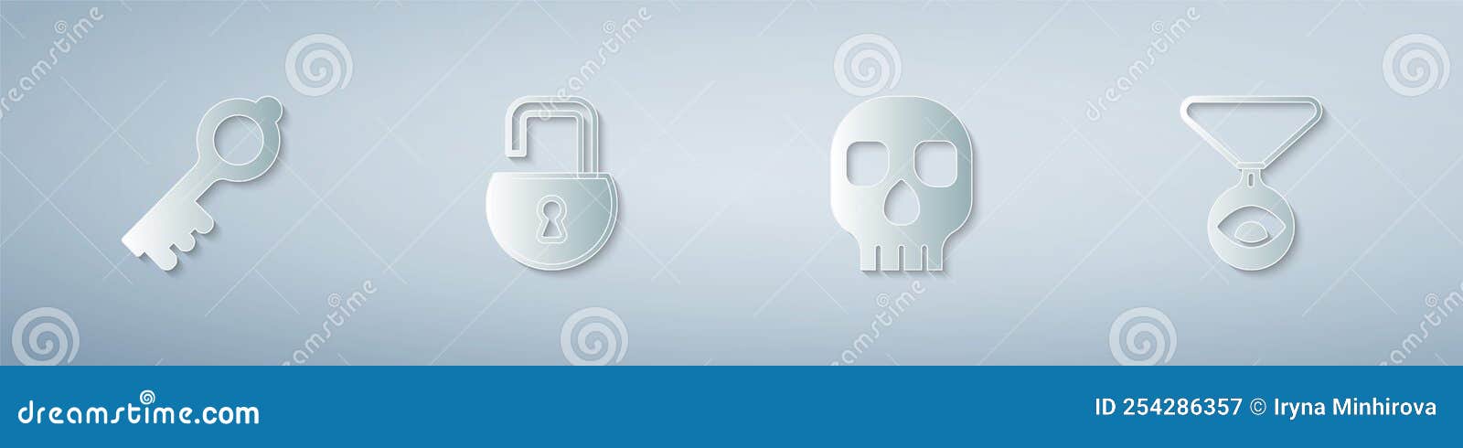 Set Old Magic Key, Open Padlock, Skull and Medallion on Chain with Eye ...