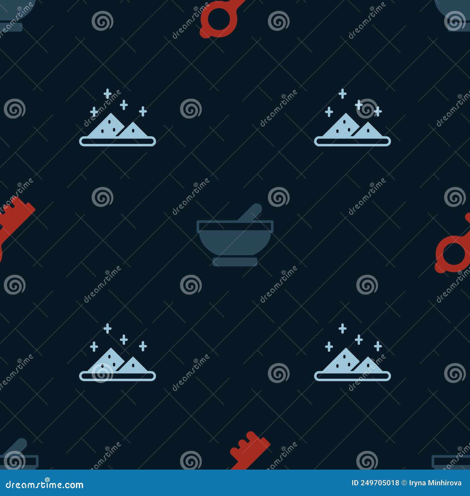 Set Old Magic Key, Witch Cauldron and Magic Powder on Seamless Pattern ...