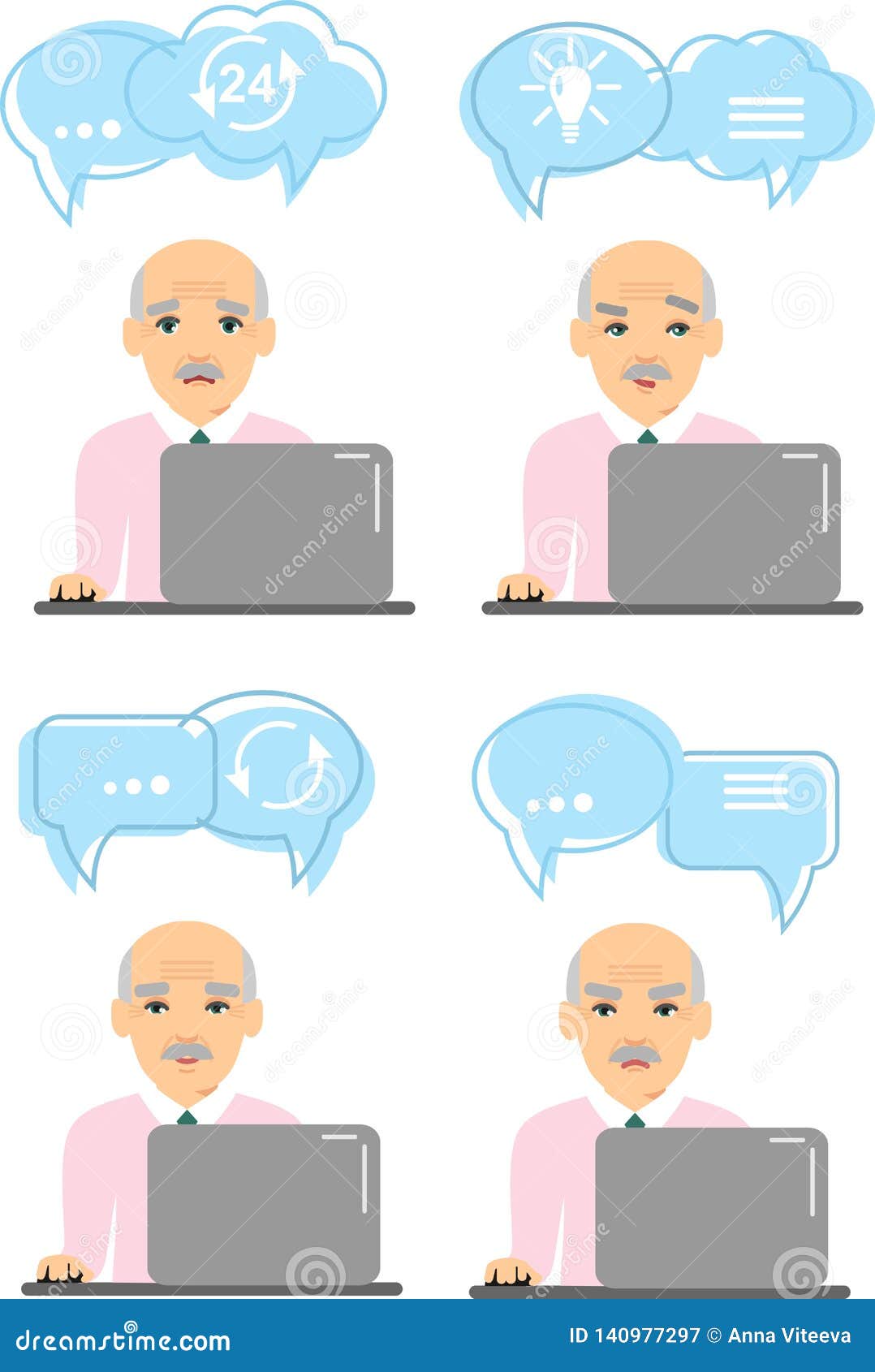 Set of Old Men with Various Emotion Expression Work at a Computer. Age ...