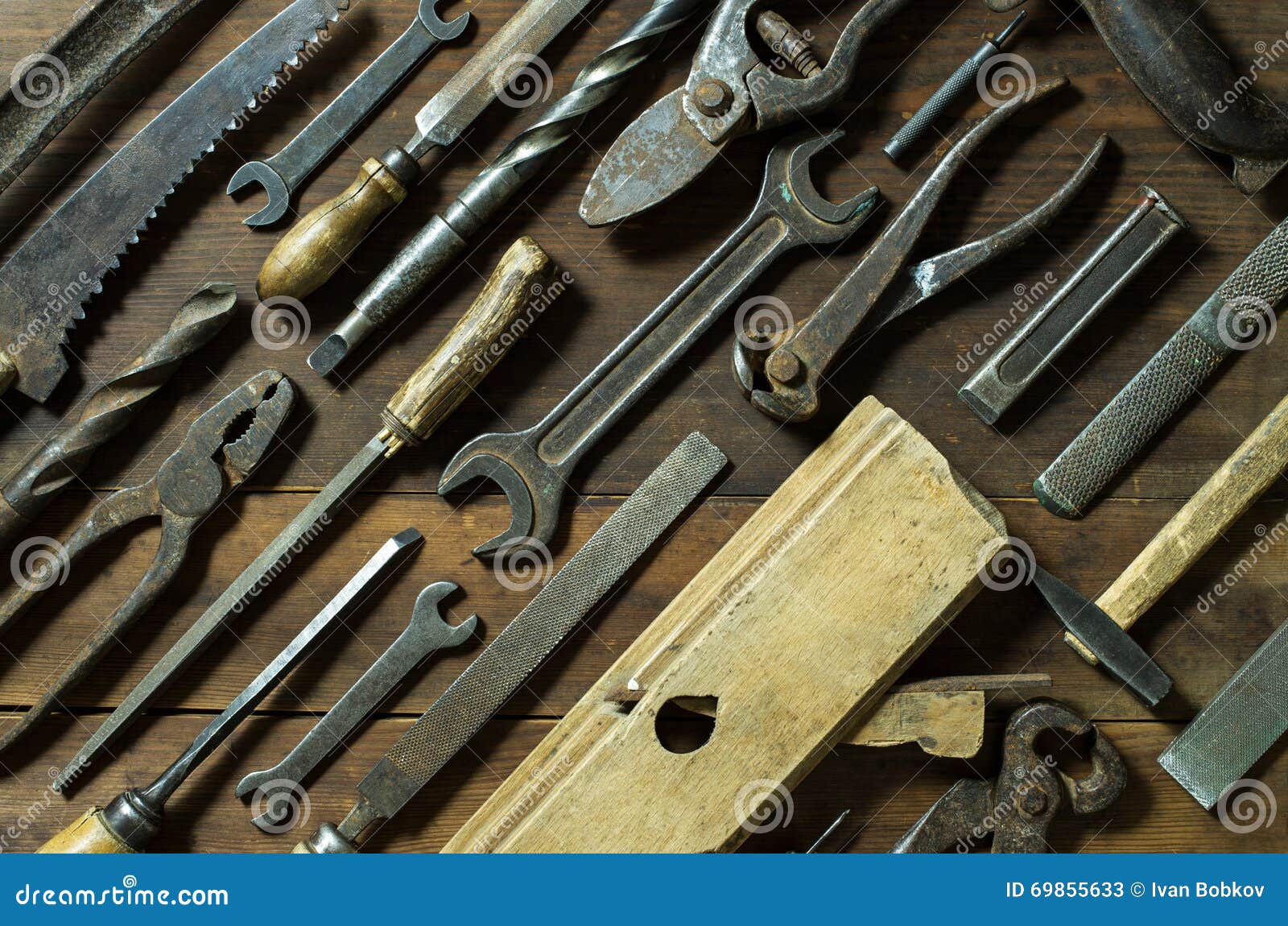Set of Old Rusty Tools on Rustic Background Stock Image - Image of ...
