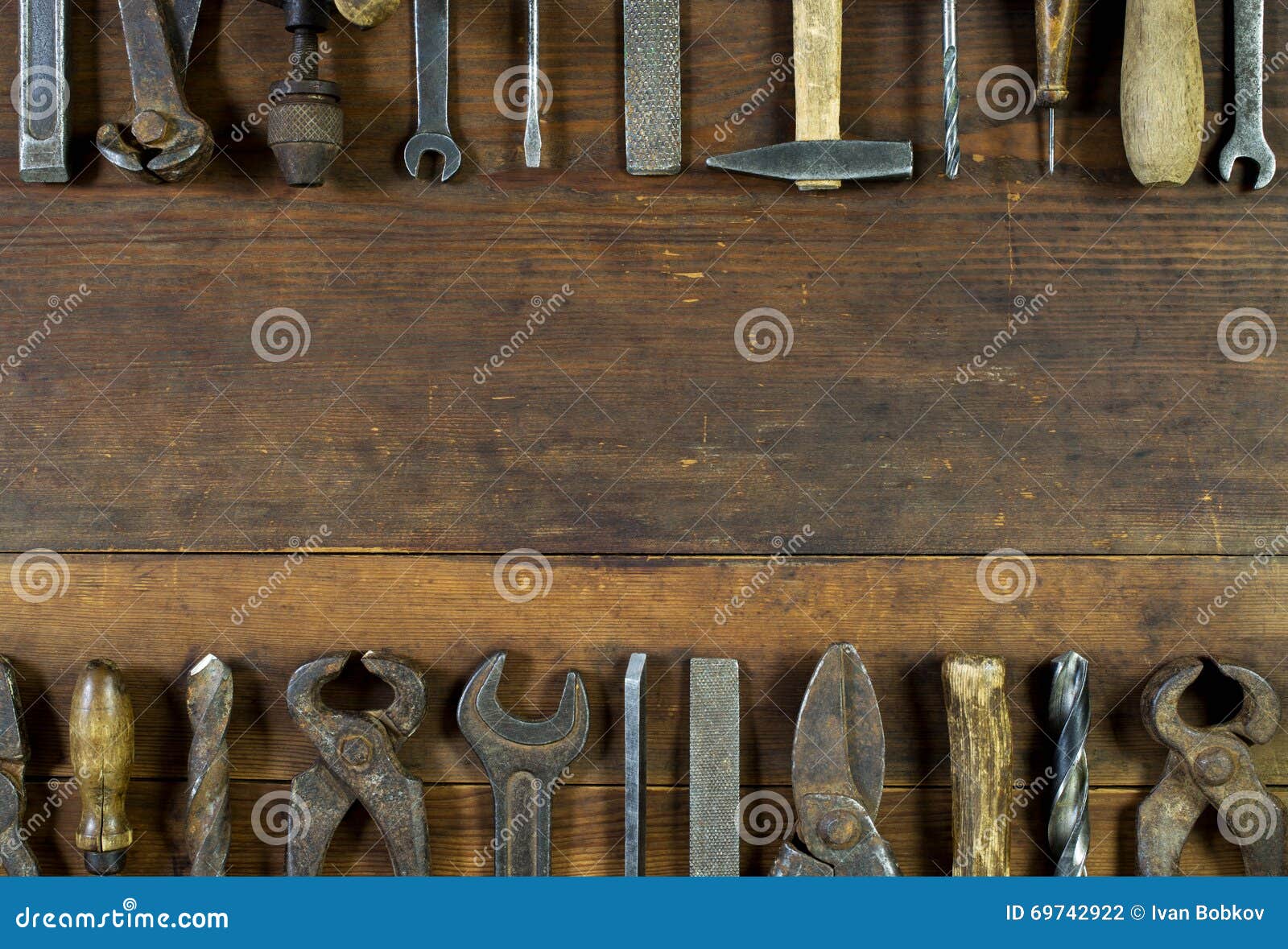 Set of Old Rusty Tools on Rustic Wooden Background Stock Photo - Image ...