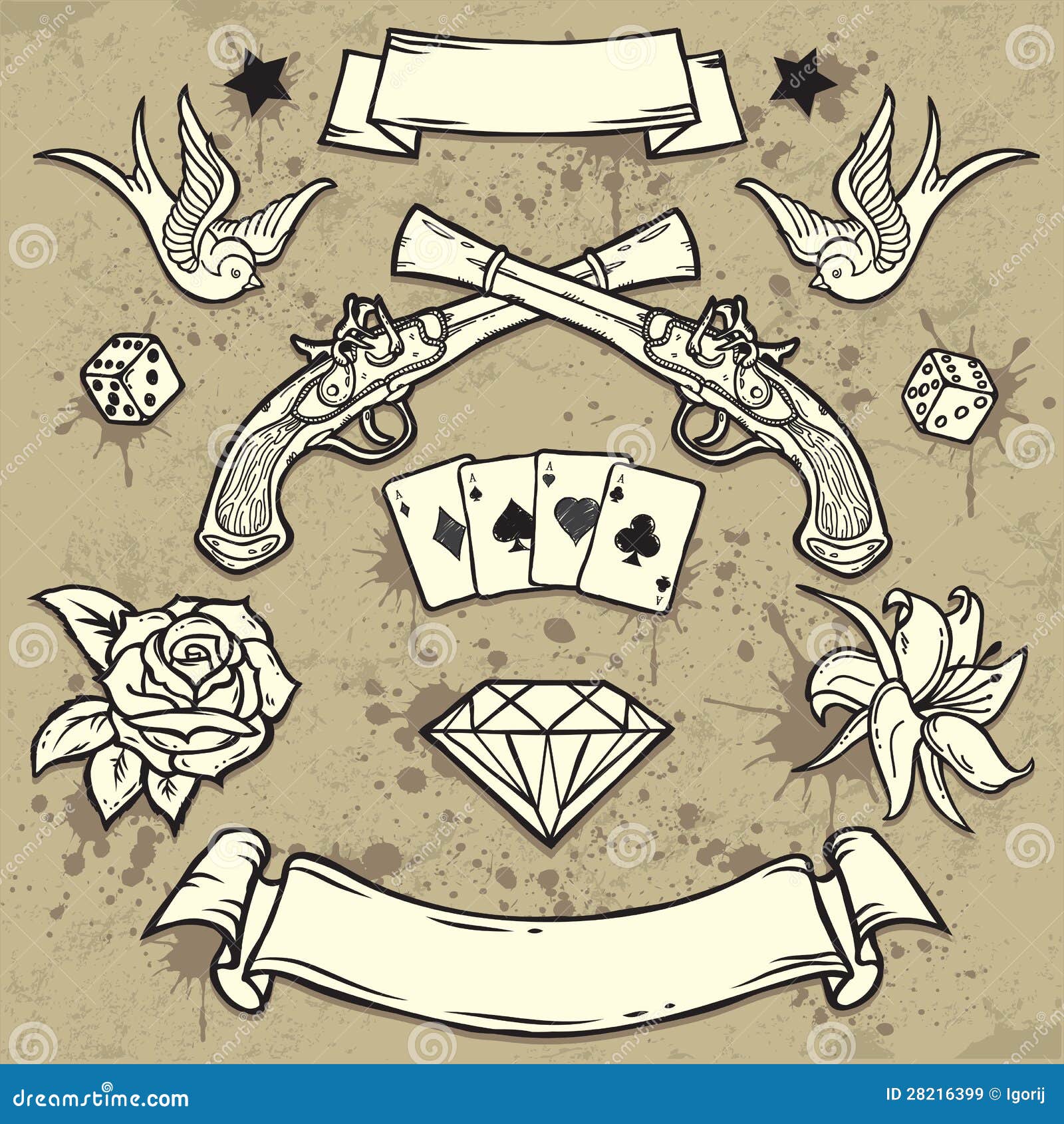 Set of Old School Tattoo Elements Stock Illustration - Illustration of ...