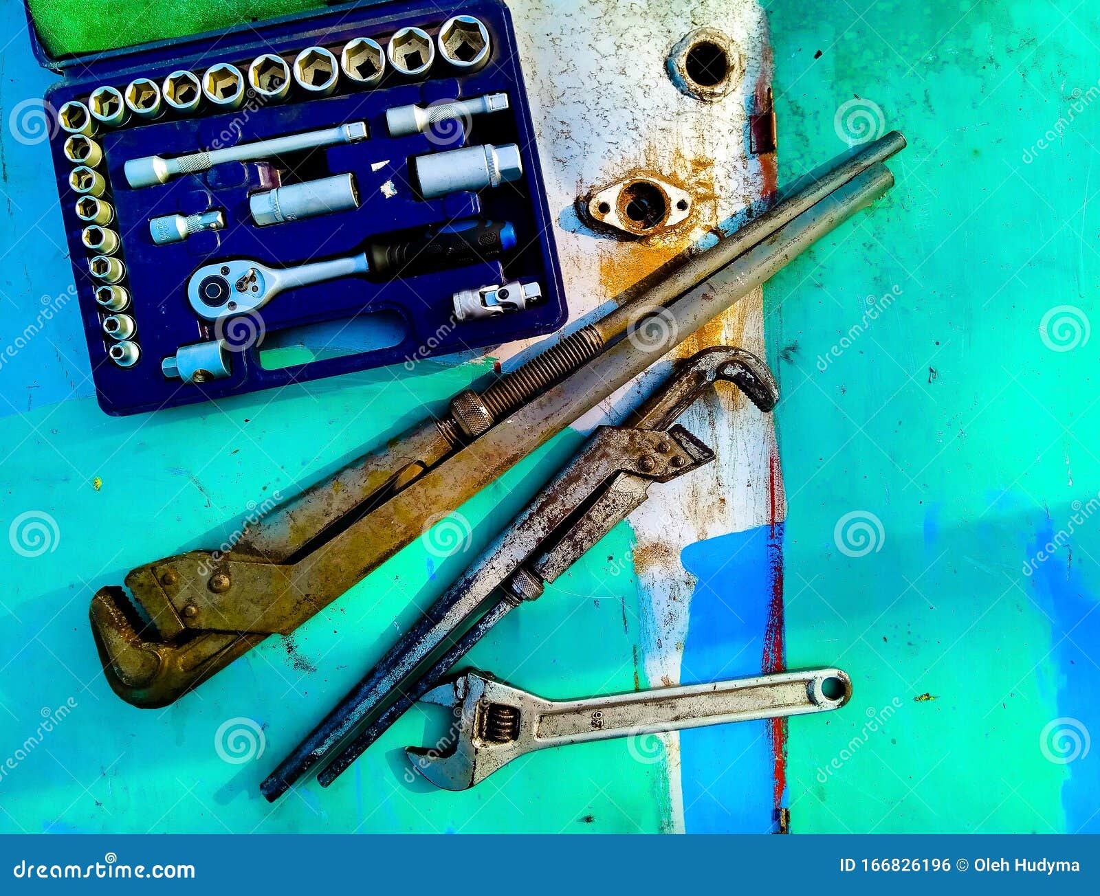 Set of Old Tools Set of Old Keys Pipe Wrenches Adjustable Spanners ...