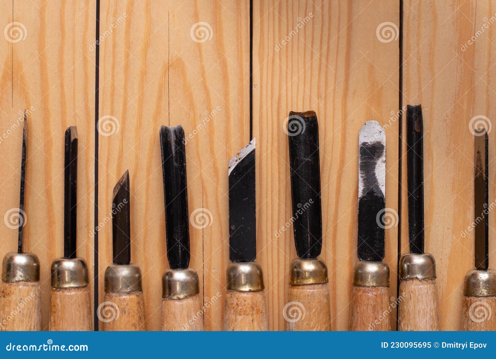 Set of Old Wood Cutter Tools on Wooden Plank. Stock Image - Image of ...