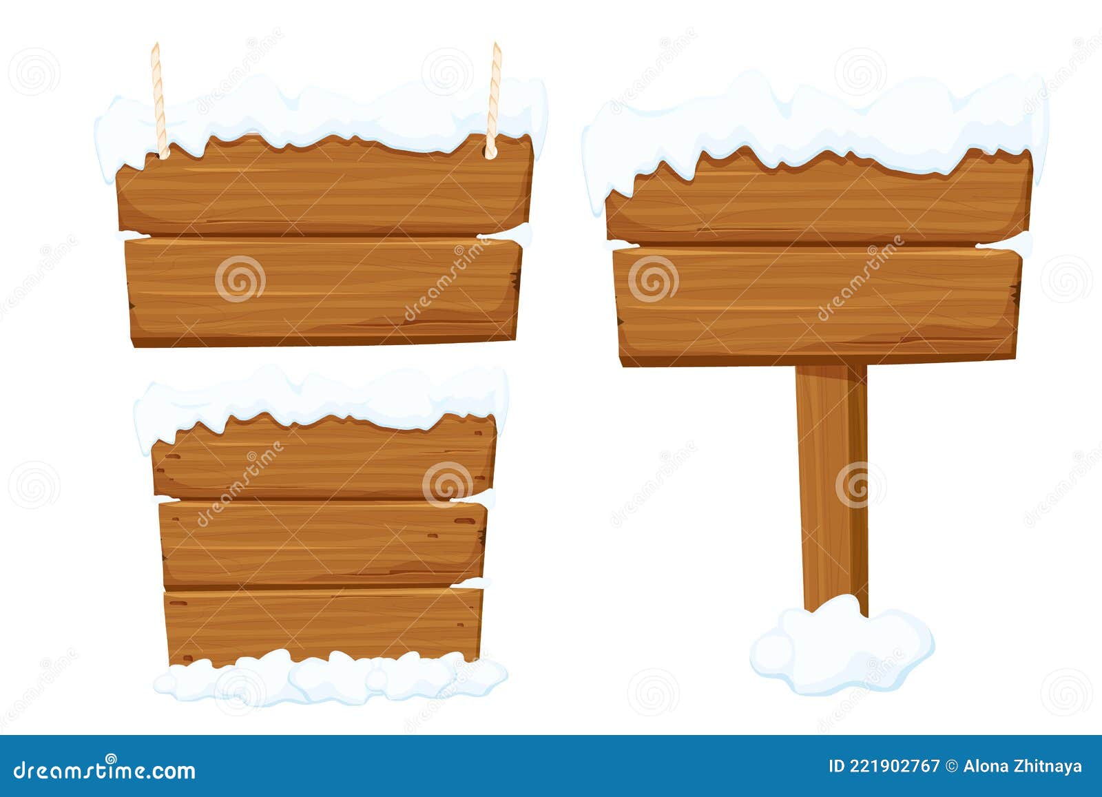 Set Old Wooden Blank Signboard With Snow Rope In Cartoon Style Empty