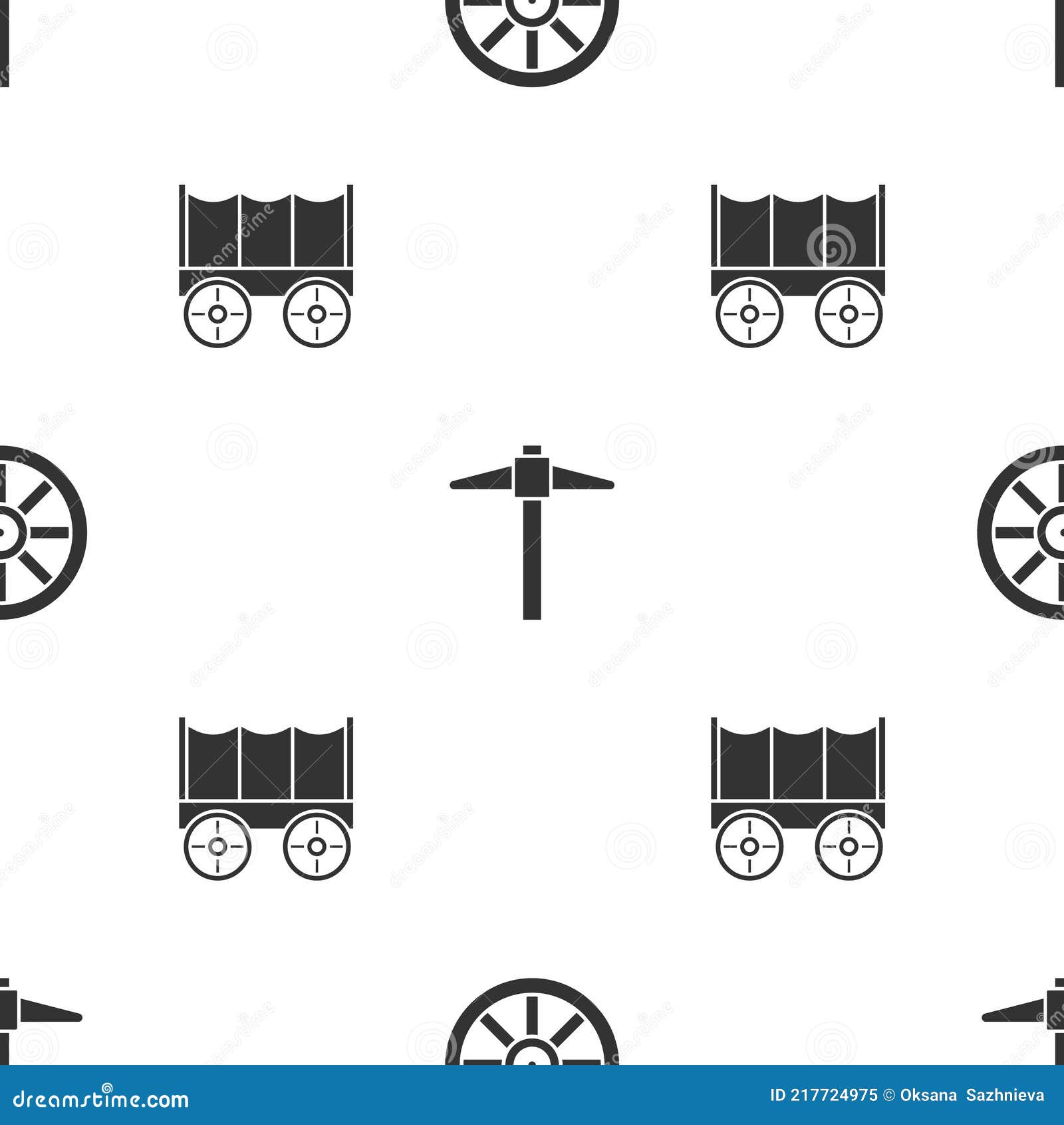 Set Old Wooden Wheel, Pickaxe and Wild West Covered Wagon on Seamless ...