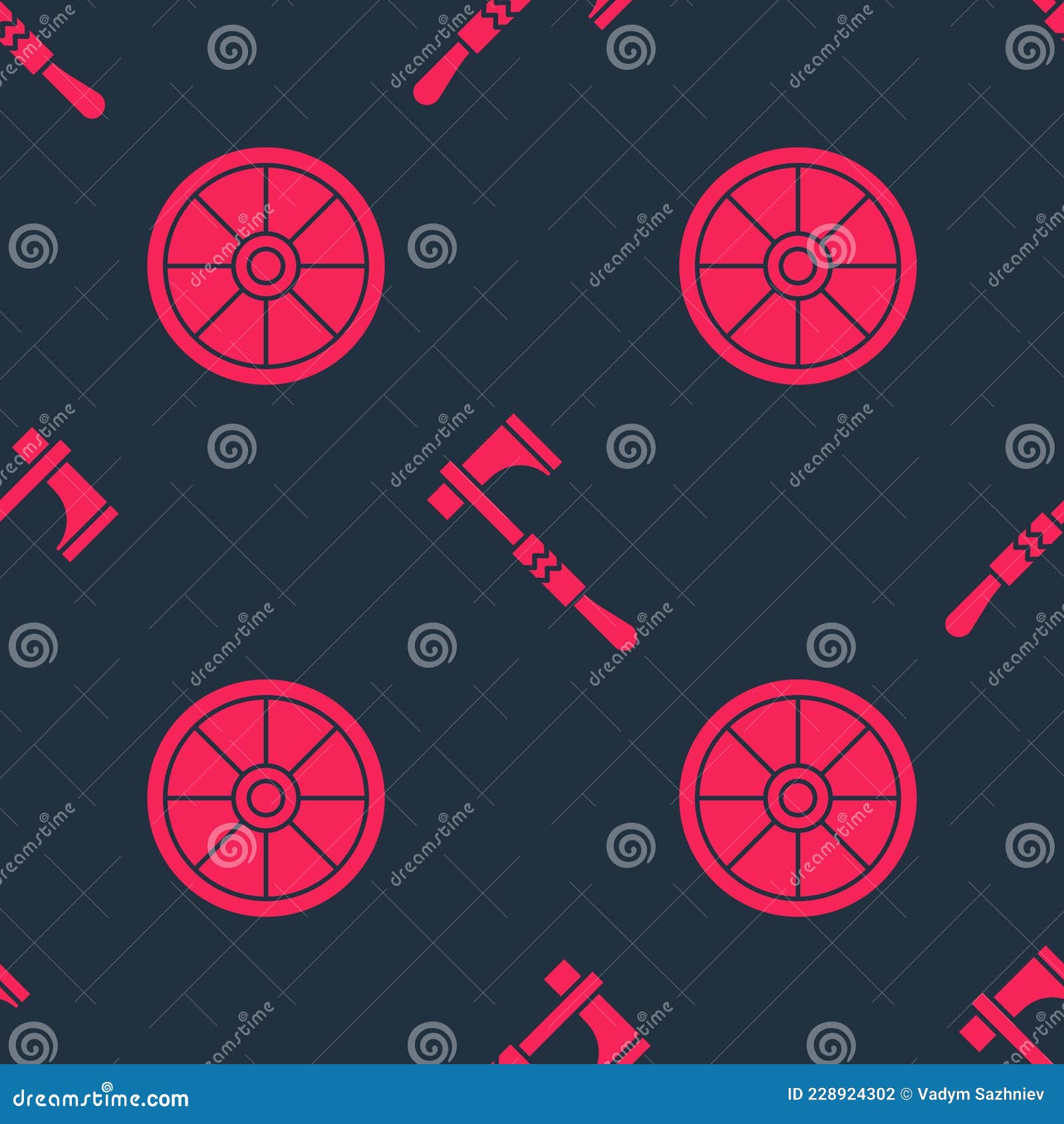 Set Old Wooden Wheel and Tomahawk Axe on Seamless Pattern. Vector Stock ...