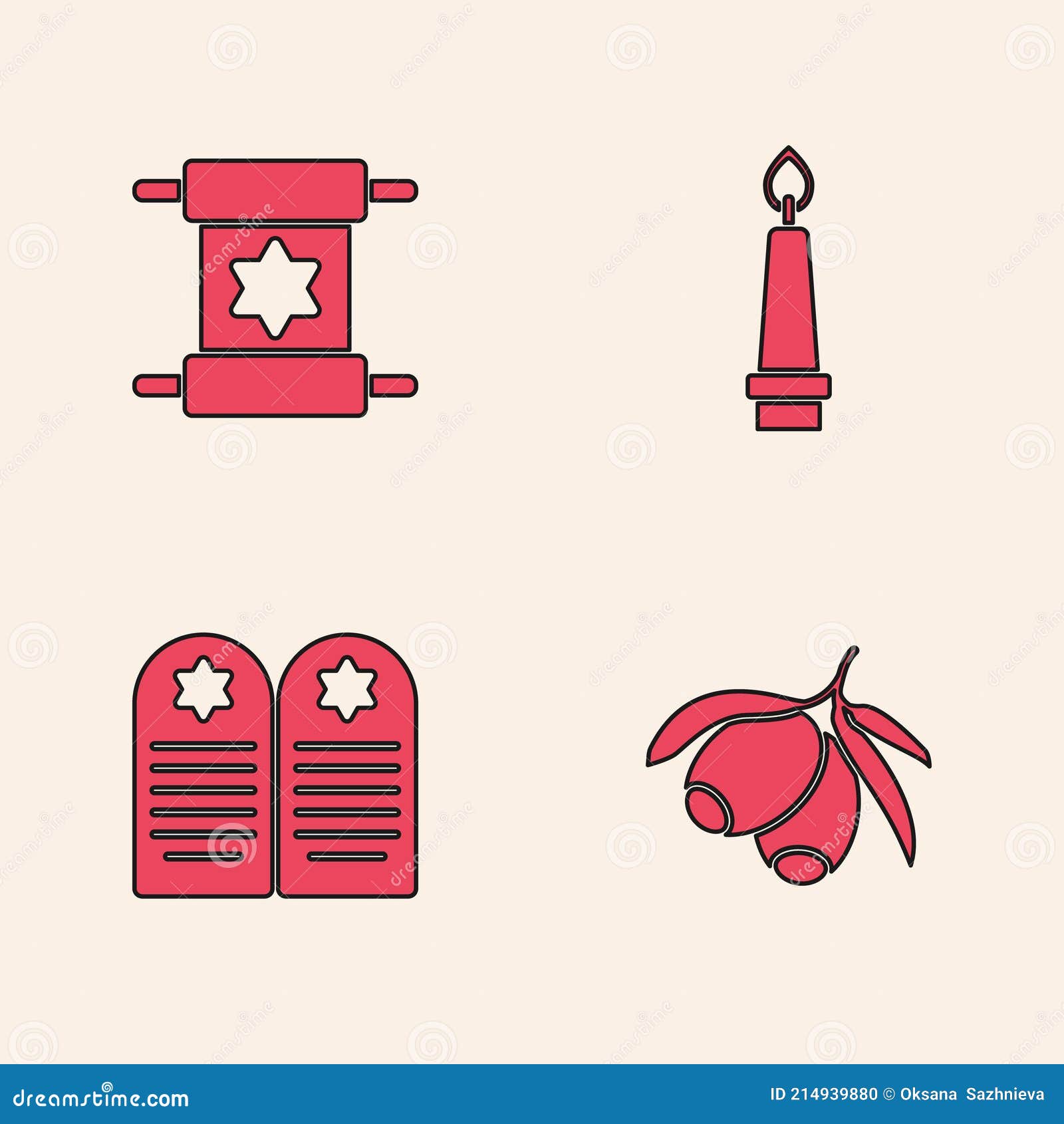 Set Olives Branch, Torah Scroll, Burning Candle and Tombstone with Star ...